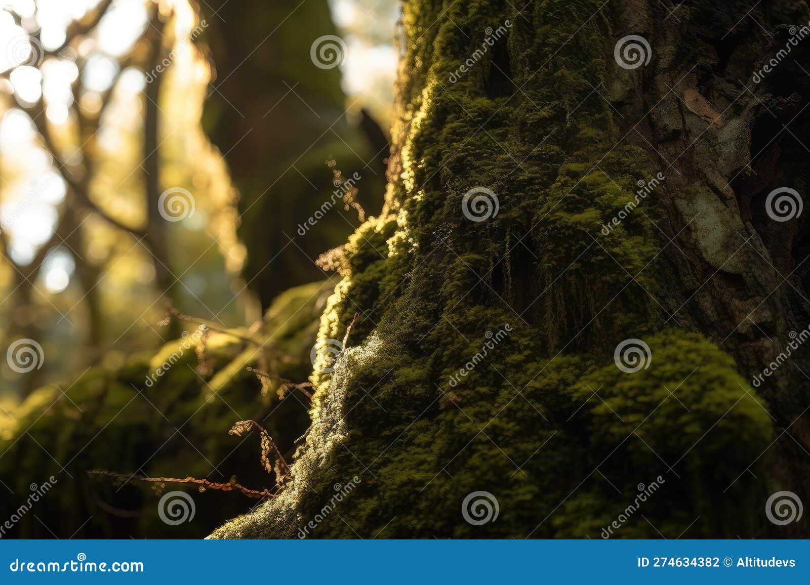 Close-up of Mossy Tree Trunk, with Sunlight Filtering through the Canopy Stock Illustration ...