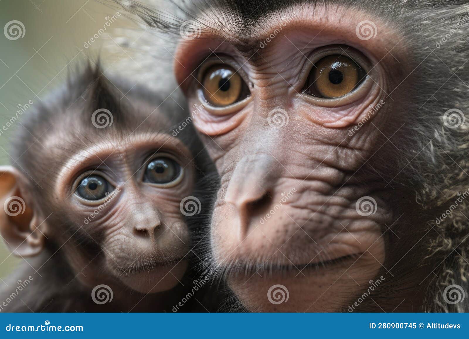 Close-up of Mother and Baby Monkey S Faces, with the Baby Looking at ...
