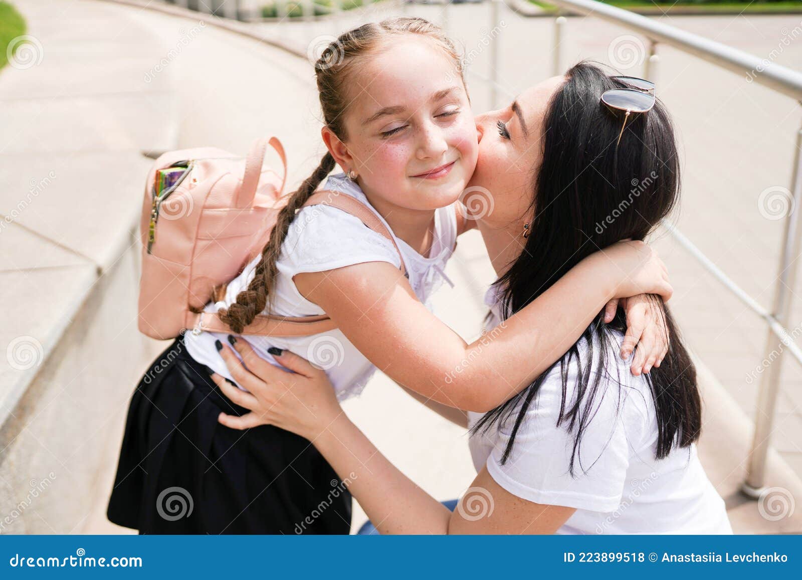 Close Up of Mother and Daughter Leaving for School Stock Photo - Image ...