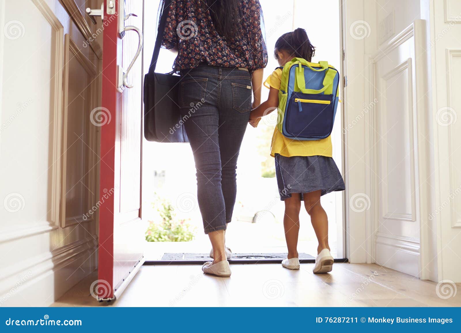 Close Up of Mother and Daughter Leaving for School Stock Image - Image ...