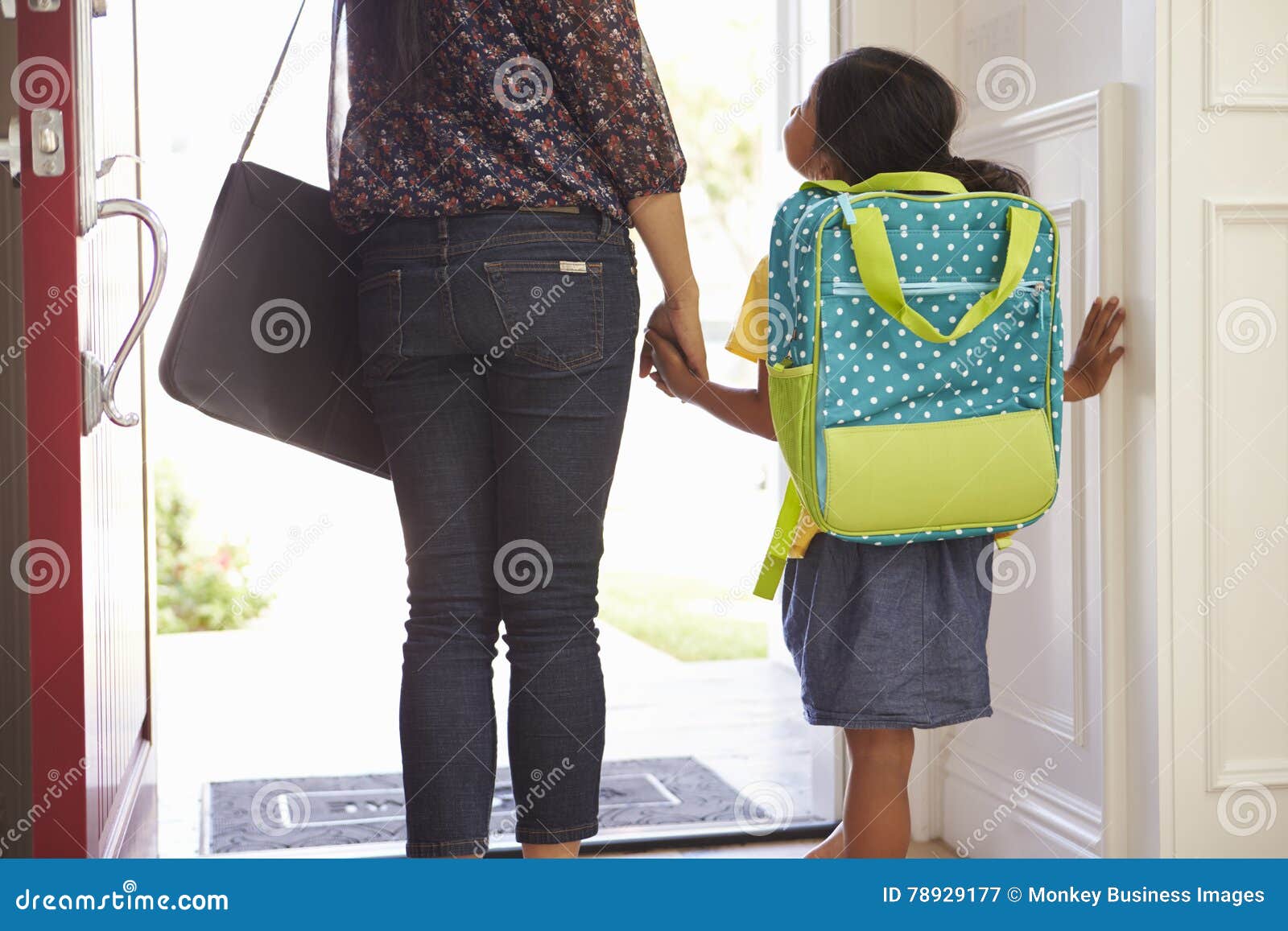 Close Up of Mother and Daughter Leaving for School Stock Image - Image ...
