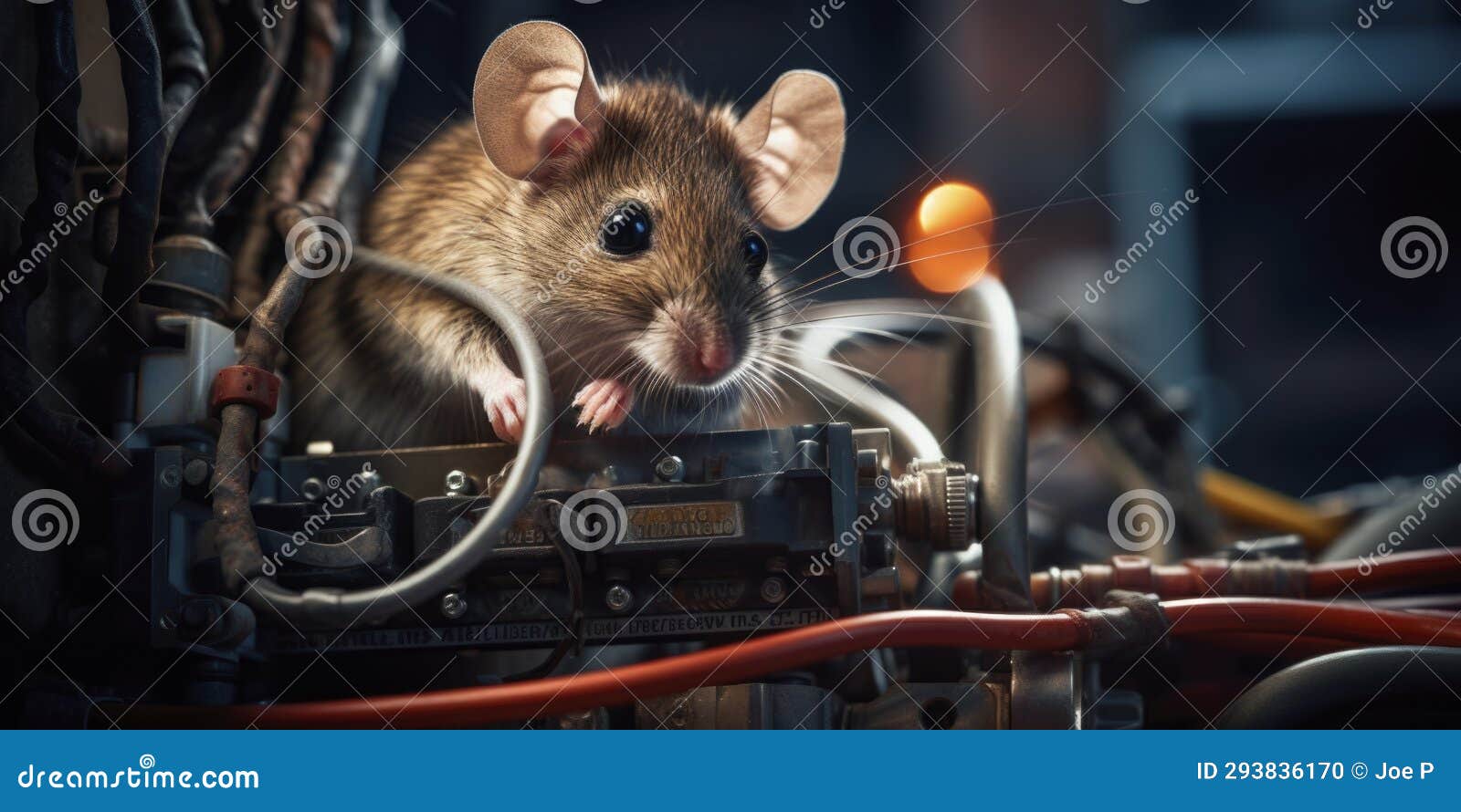 Close-up of a Mouse Inside a Machine or an Engine Looking at the Cables ...