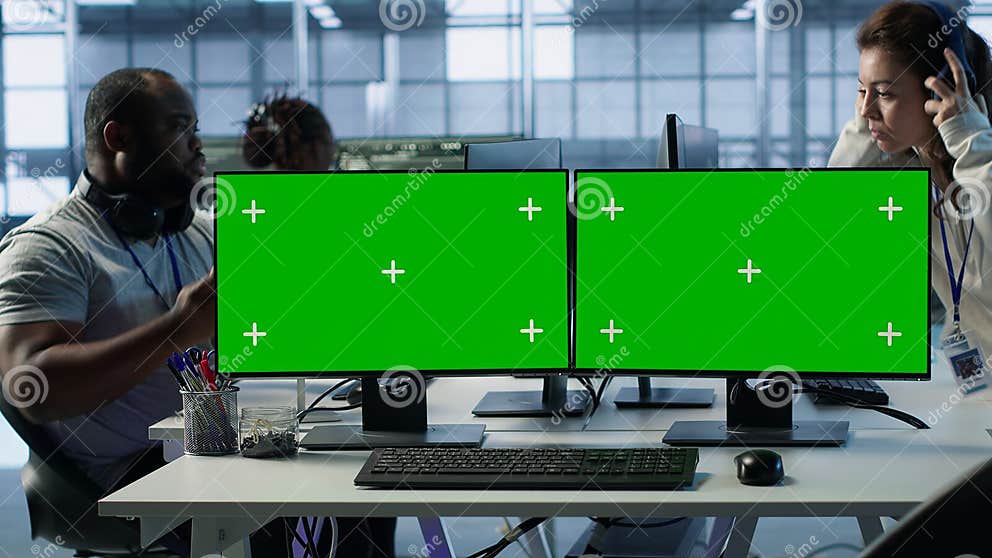 Close Up of Multi Monitor Isolated Screen Computer in Data Center Stock Image - Image of ...