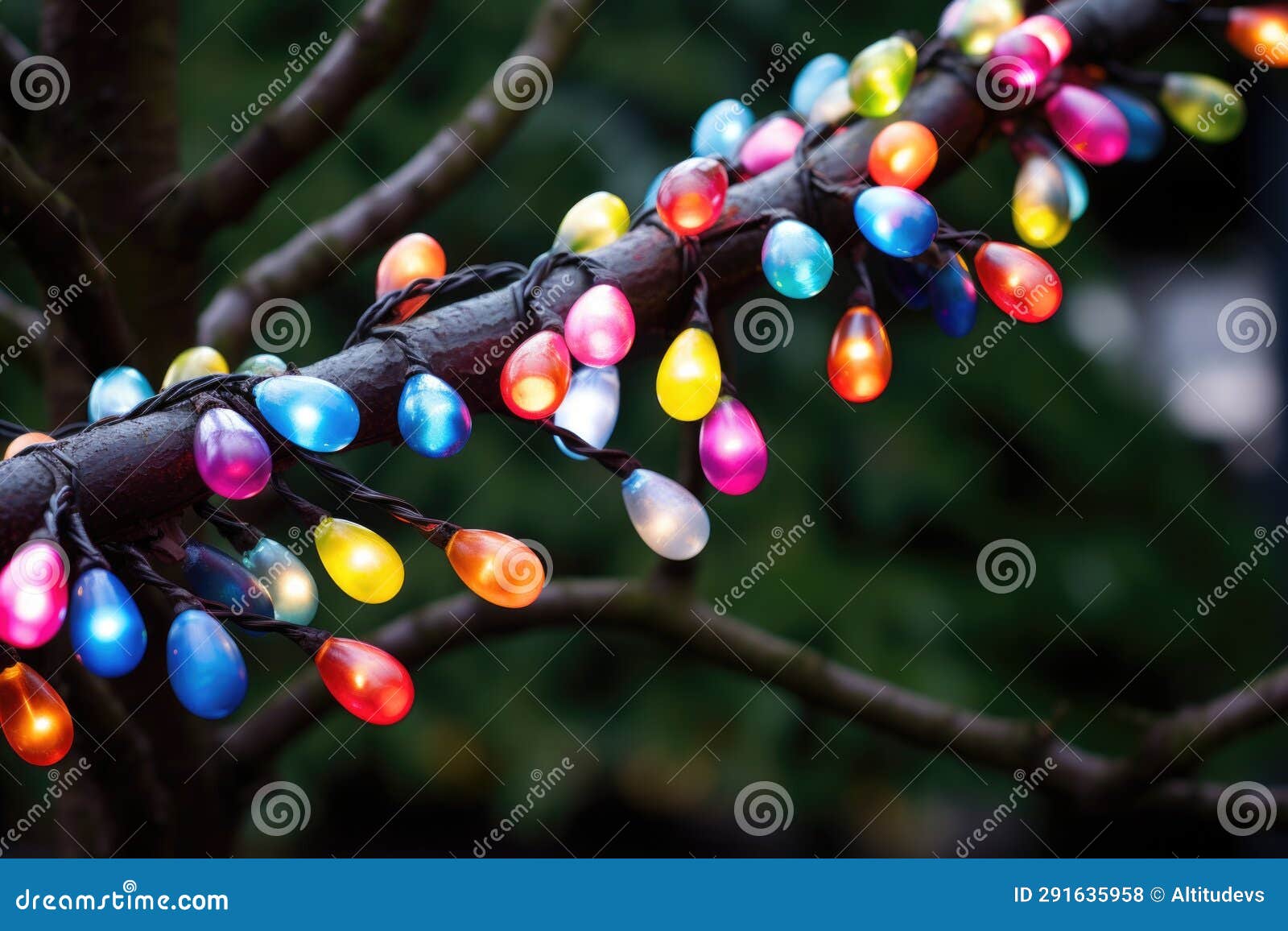 Close-up of Multicolored Bulbs of Christmas Light on a Tree Branch ...