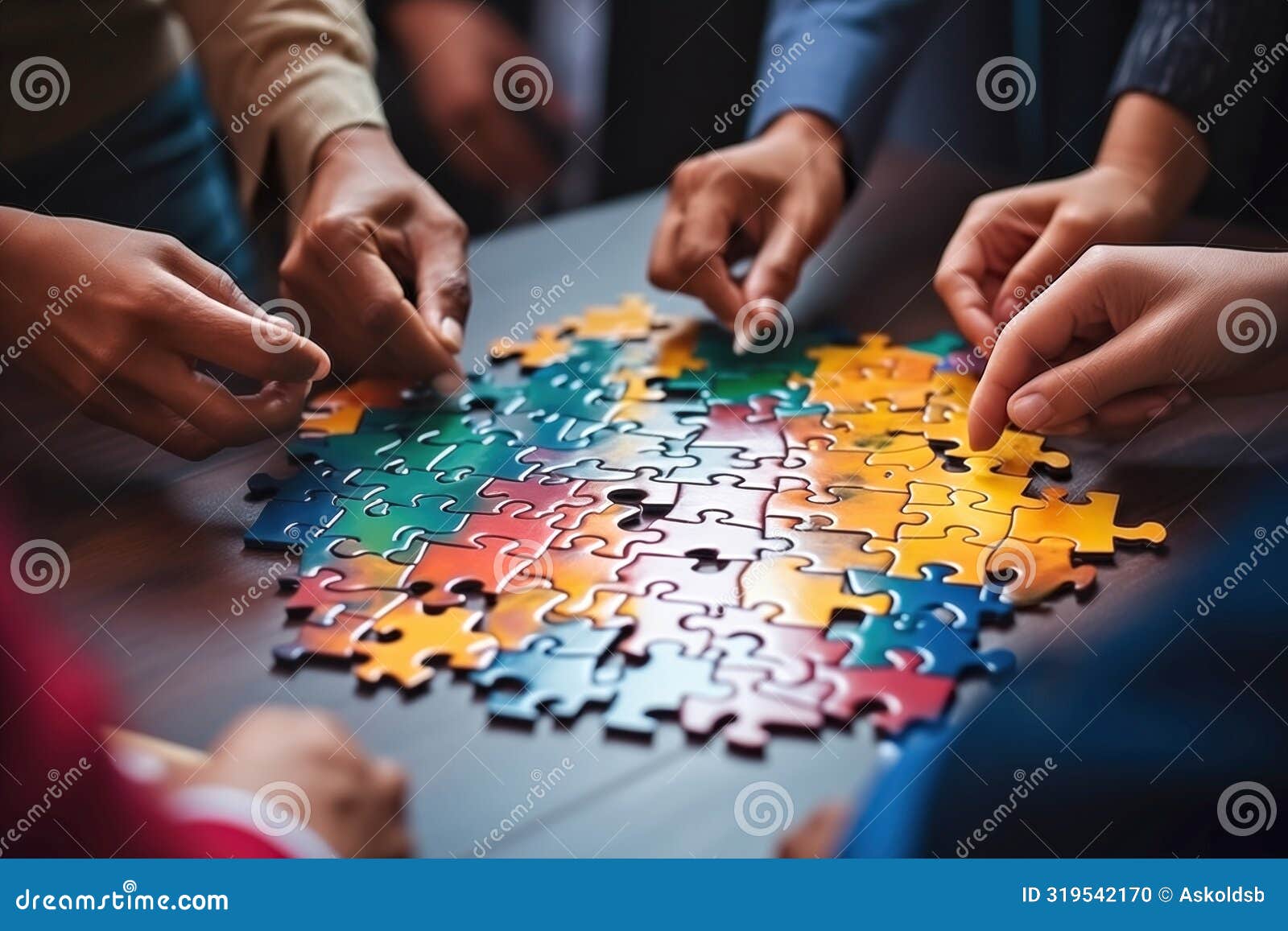 Close Up of Multiethnic Group of People Assembling Jigsaw Puzzle Stock ...