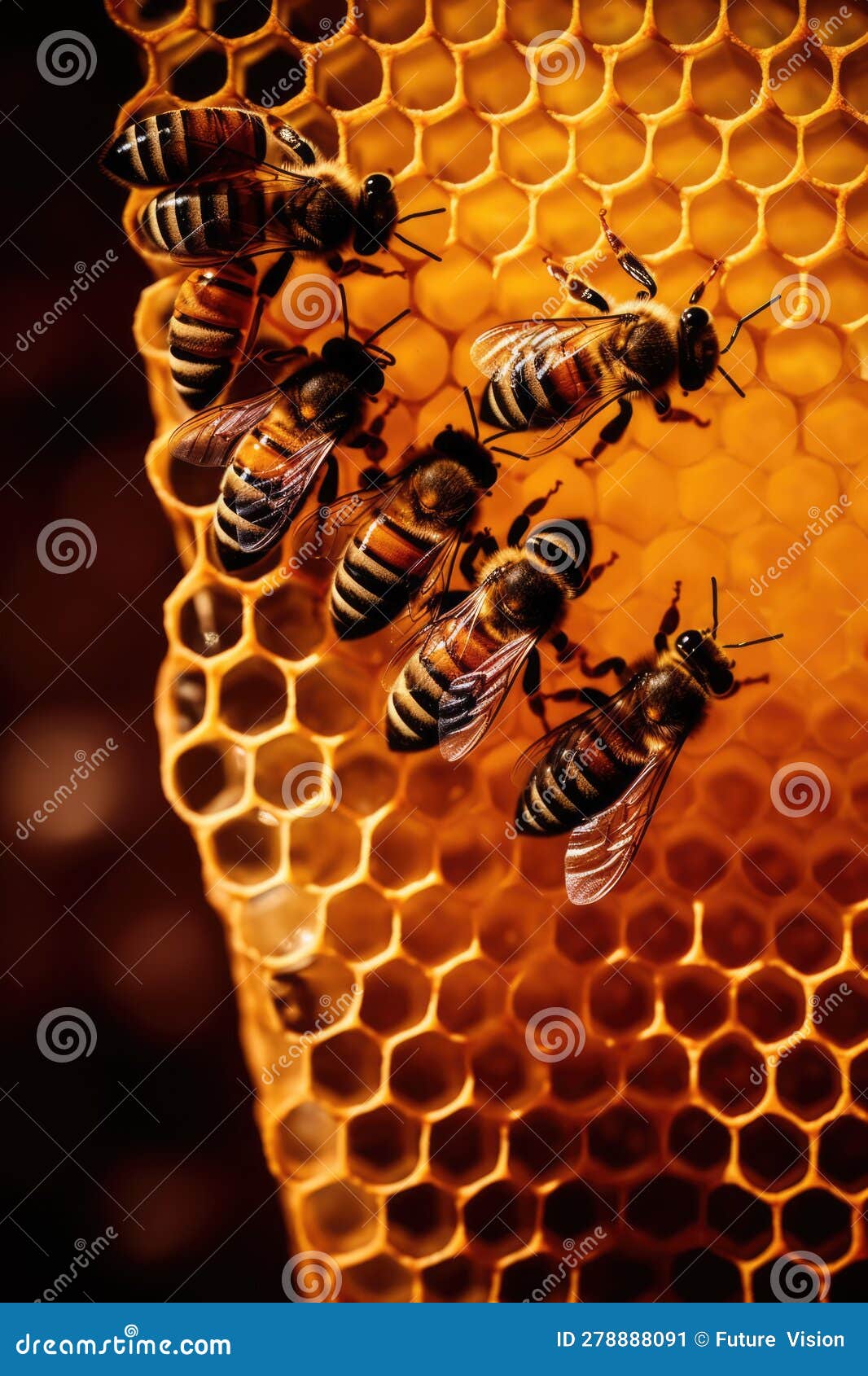 Close Up of Multiple Bees on Honeycomb on Black Background Created ...
