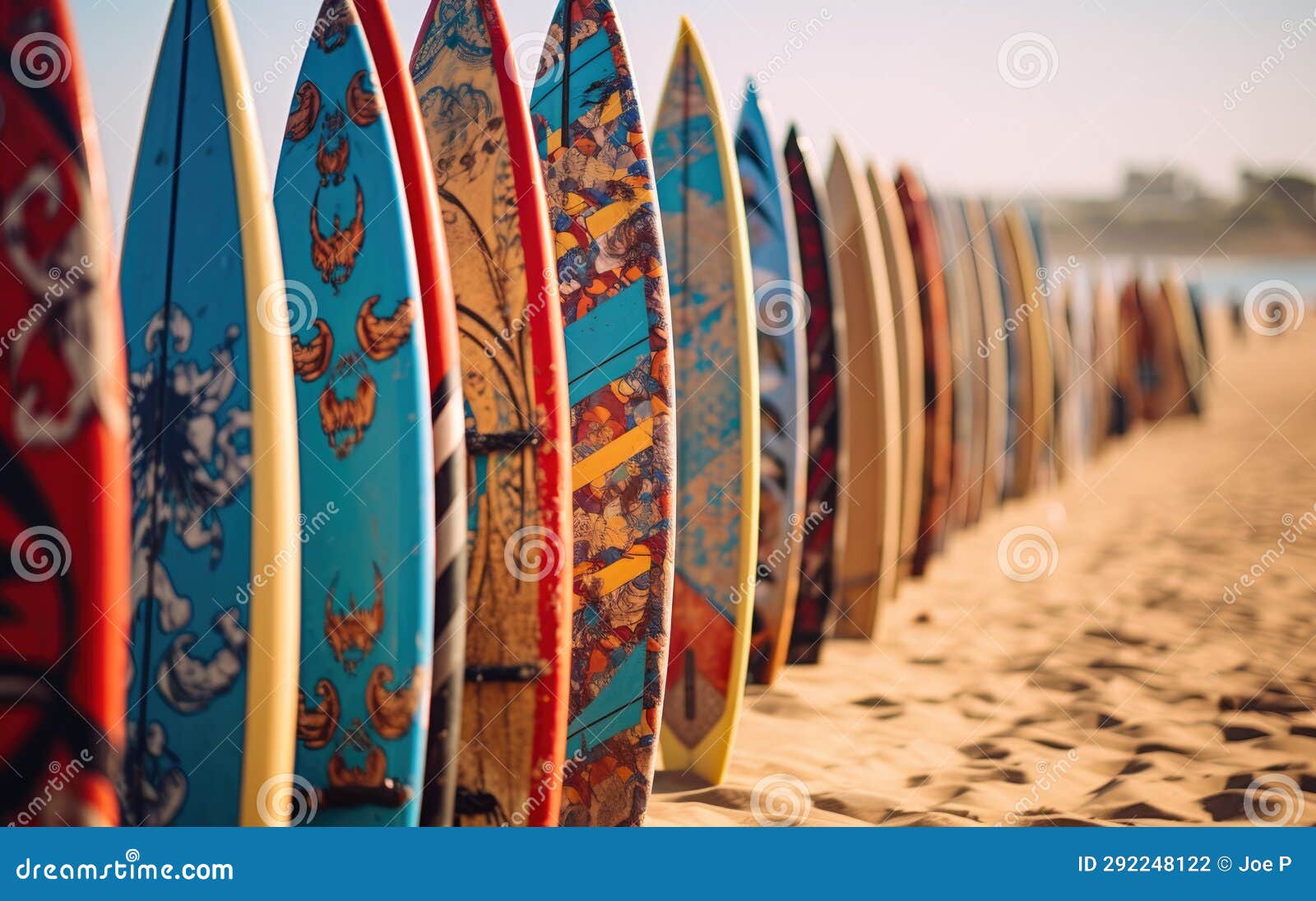 Close Up of Multiple Colorful Surf Boards Lined Up on the Beach Sand on ...