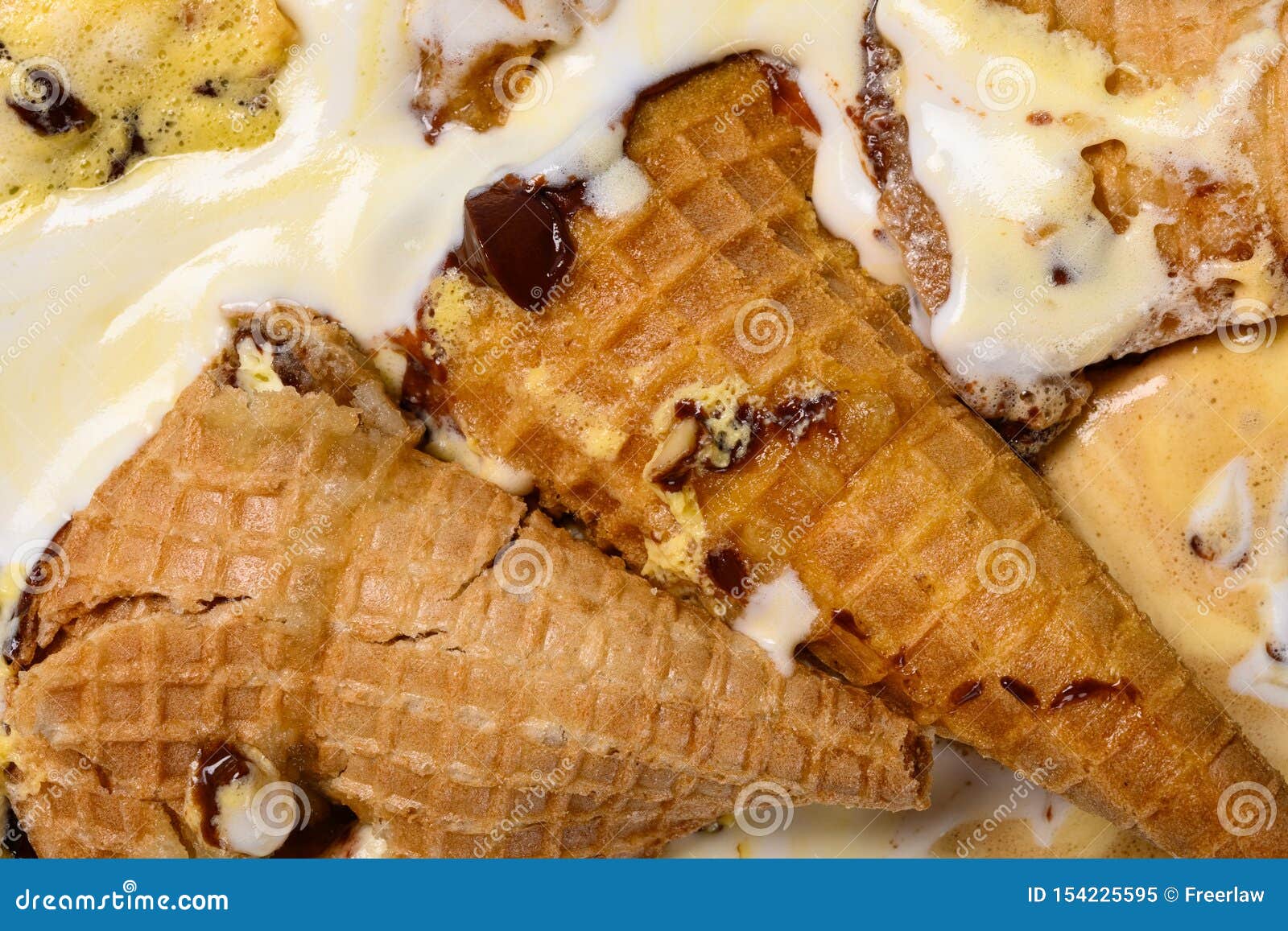 Multiple Flavor Ice Cream Cones In Melting Process On Yellow Background ...