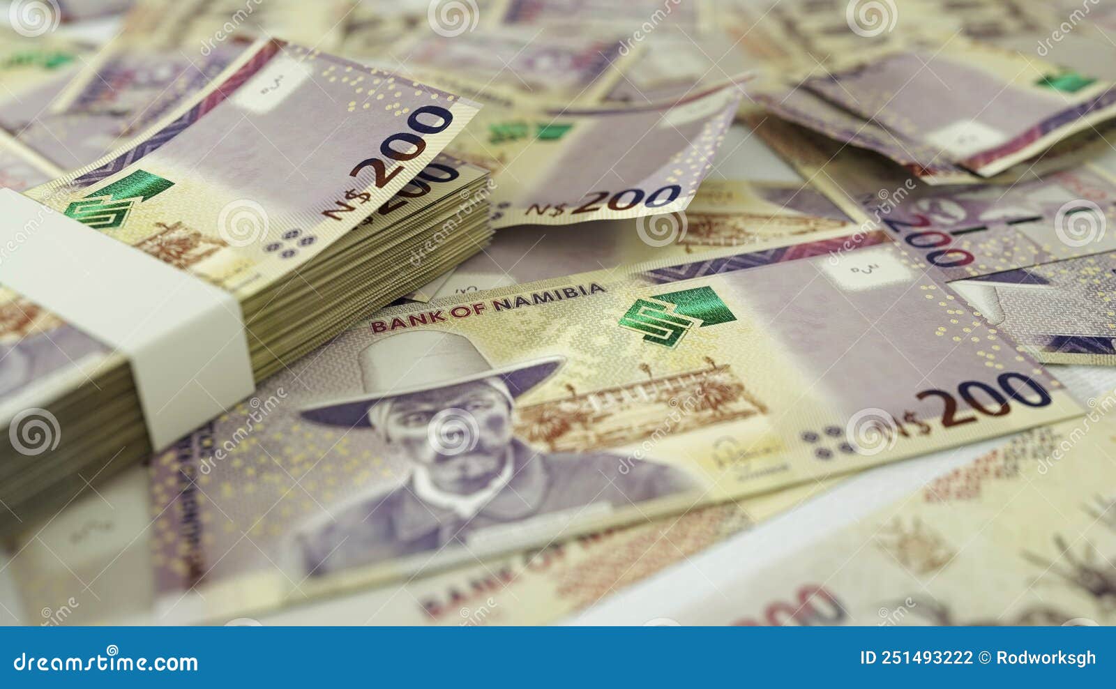 Close Up of 200 Namibian Dollar Notes Spread on Table. Money Scattered ...