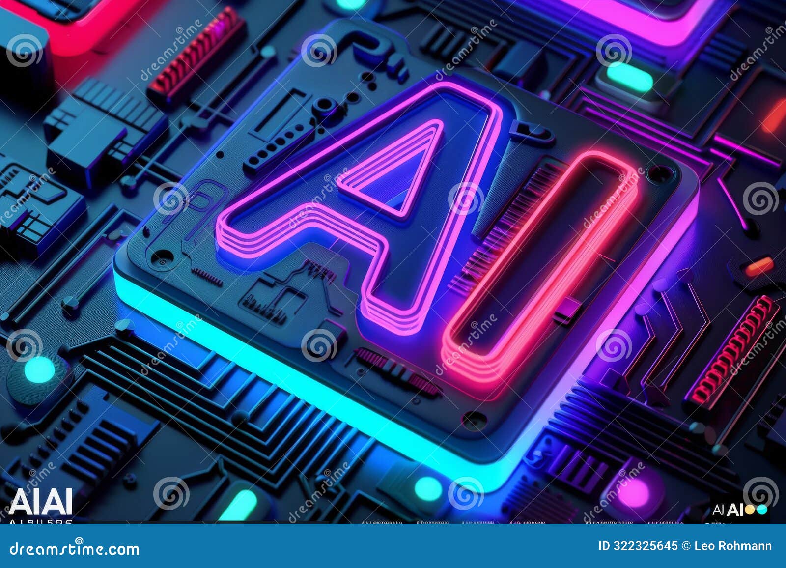 Close Up of a Neon Lit AI Logo on a Circuit Board, Symbolizing ...