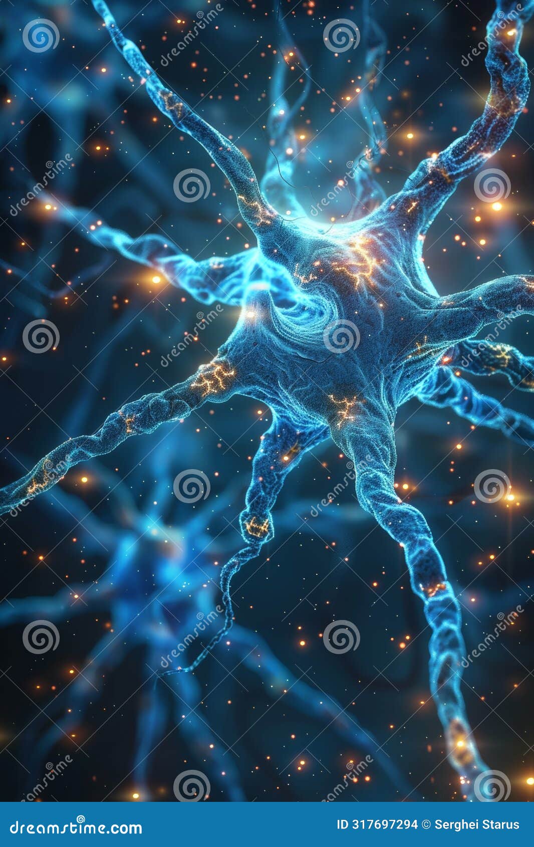 Close Up Of A Neuron Cell With Dendrites In A Blue Color Scheme On A ...