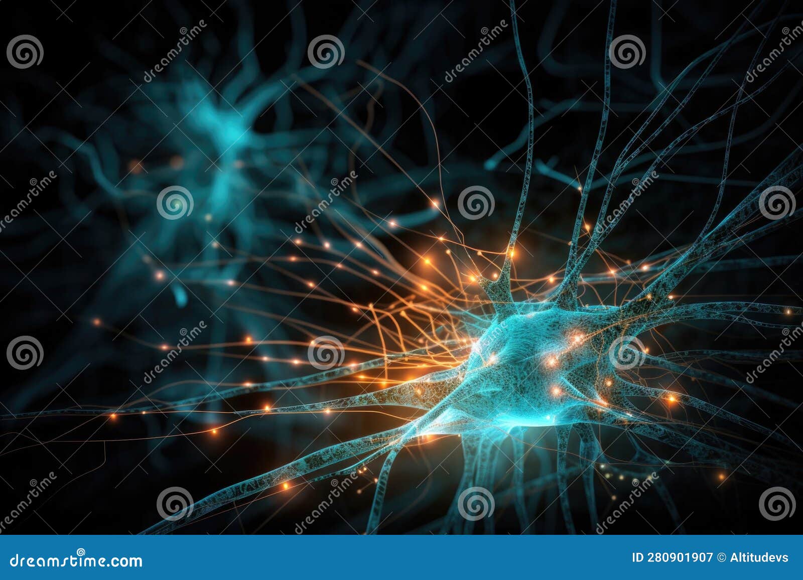 Close-up of Neuron, with Electrical Impulses Firing in Complex Patterns ...