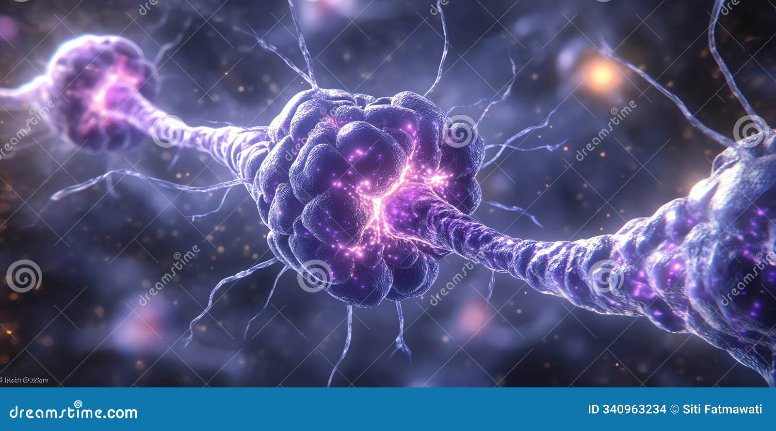 A Close-up of a Neuron, a Nerve Cell, with a Glowing Nucleus and ...
