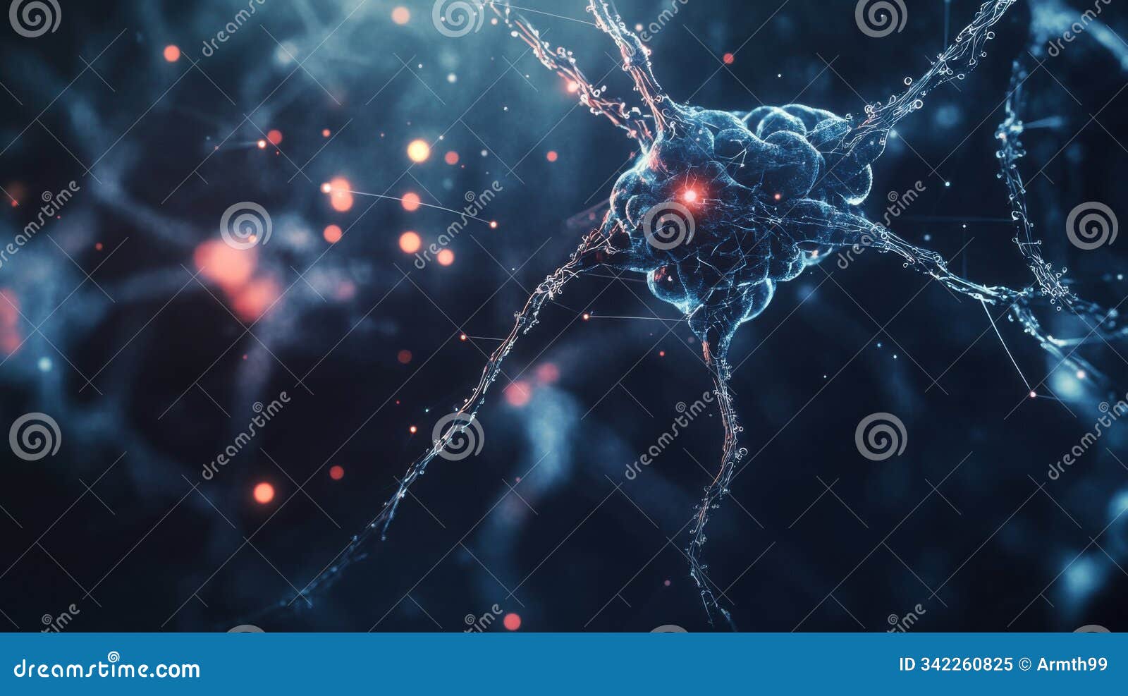 Close Up of a Neuron with Synapses Glowing in a Dark Background ...