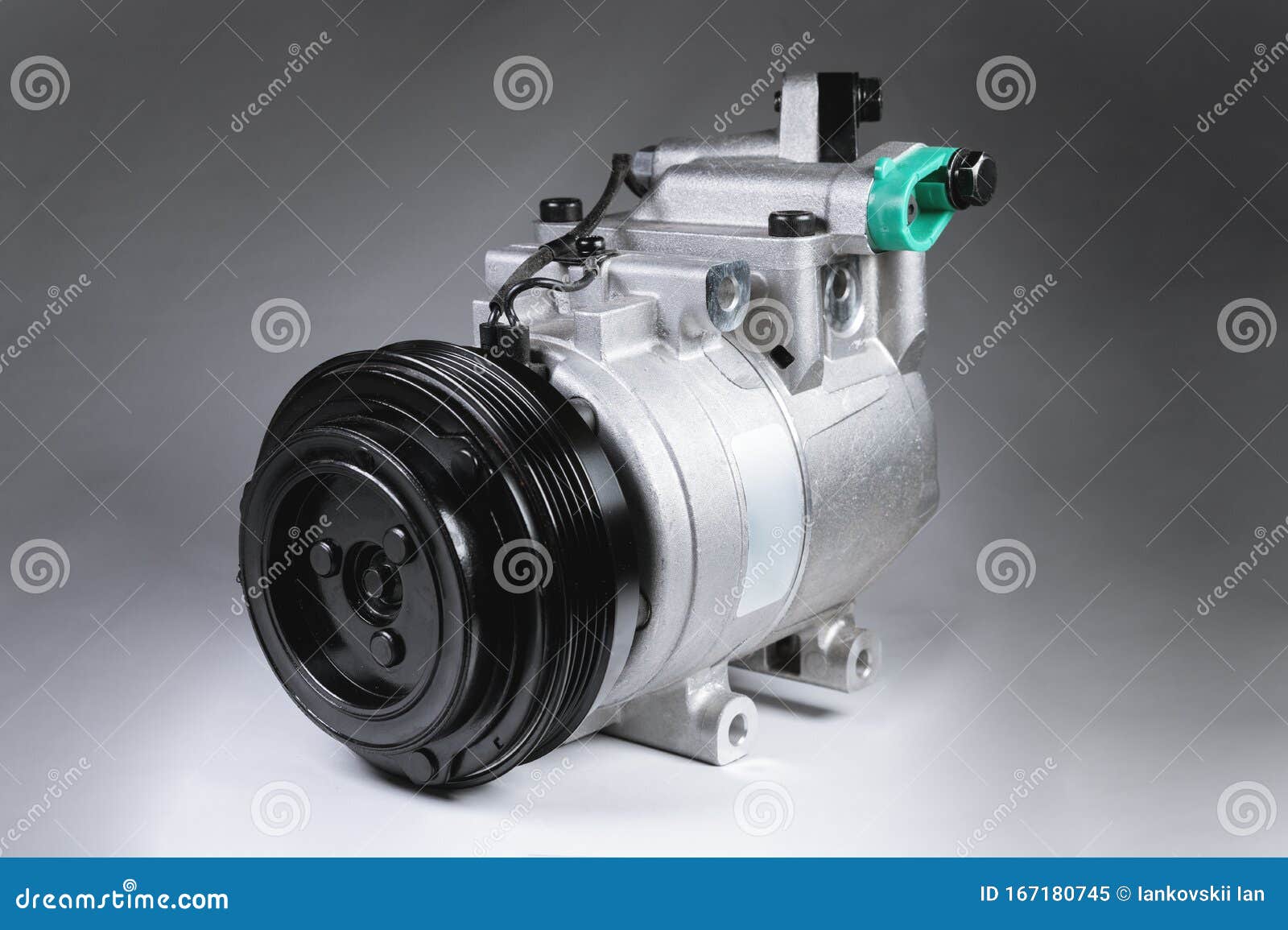 Close-up New Car Air Conditioning Compressor on Grey Background Stock ...