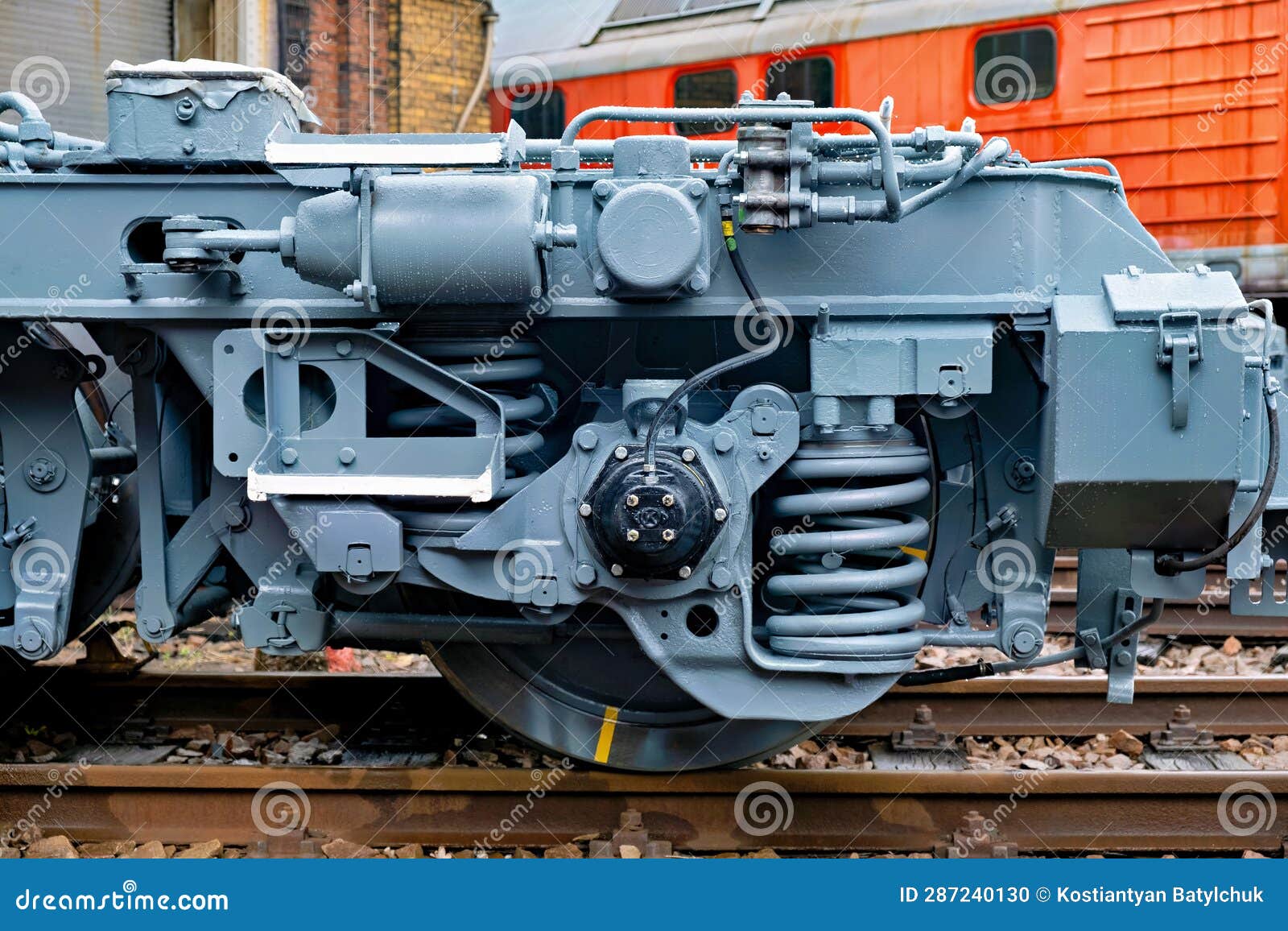 Close-up of a New Gray Bogie with Train Wheels on the Tracks Stock ...