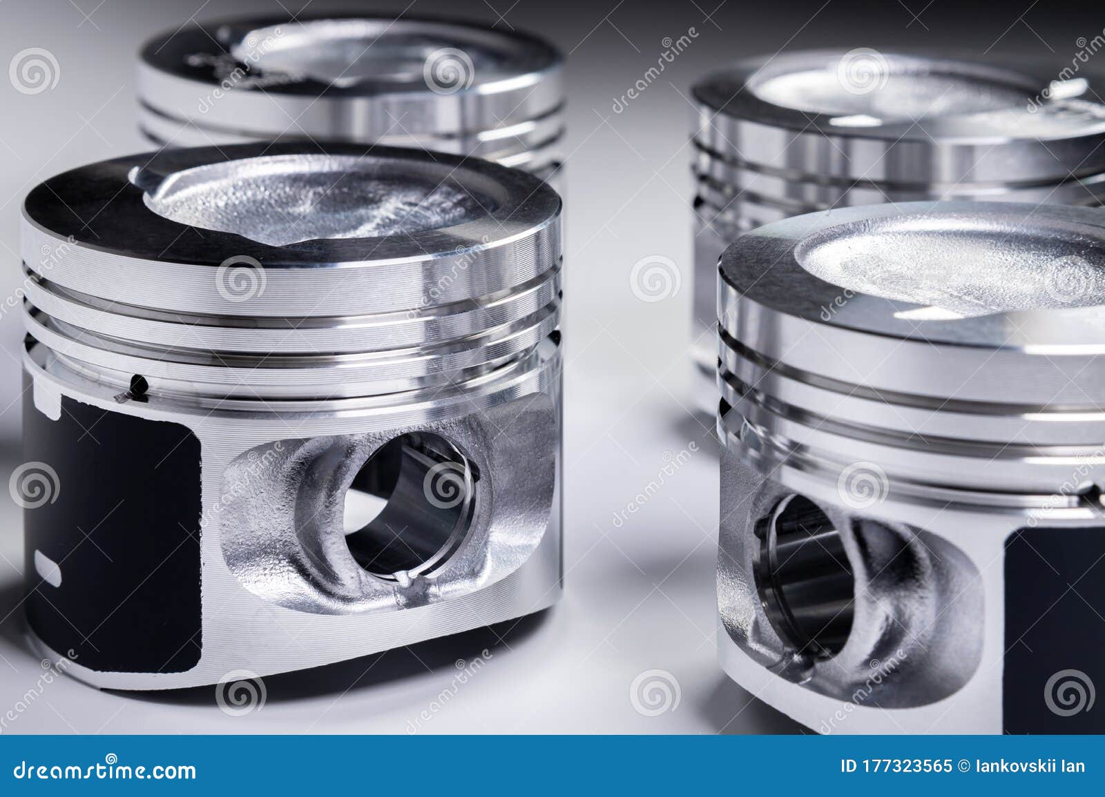 Close-up New Parts for the Internal Combustion Engine. Pistons on a ...
