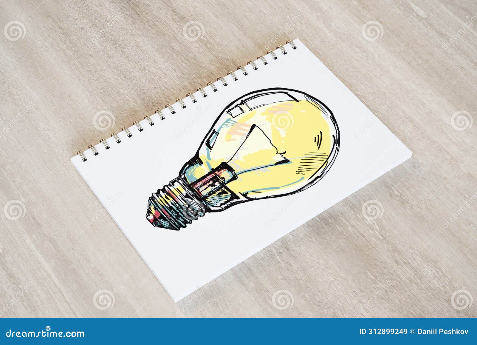 Close Up of Notepad with Creative Light Bulb Sketch on Wooden Desk ...