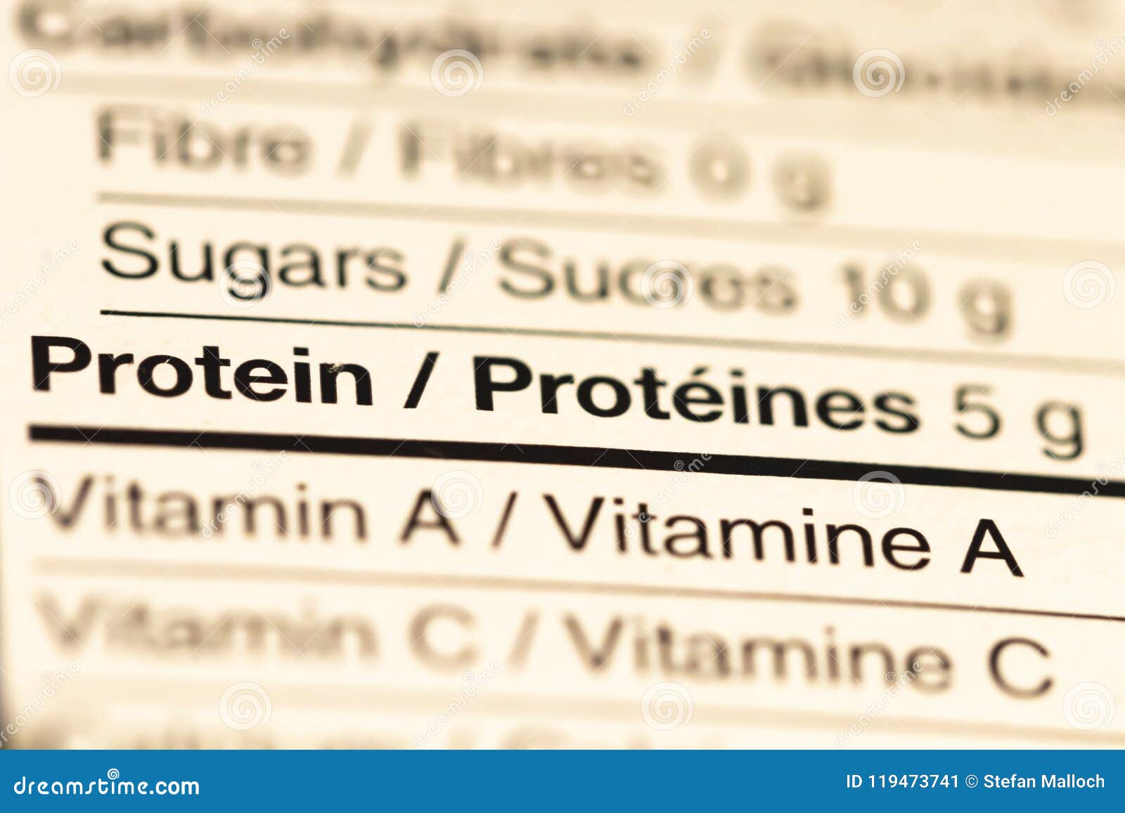 Close Up of Nutritional Information Focused on Protein Stock Image ...