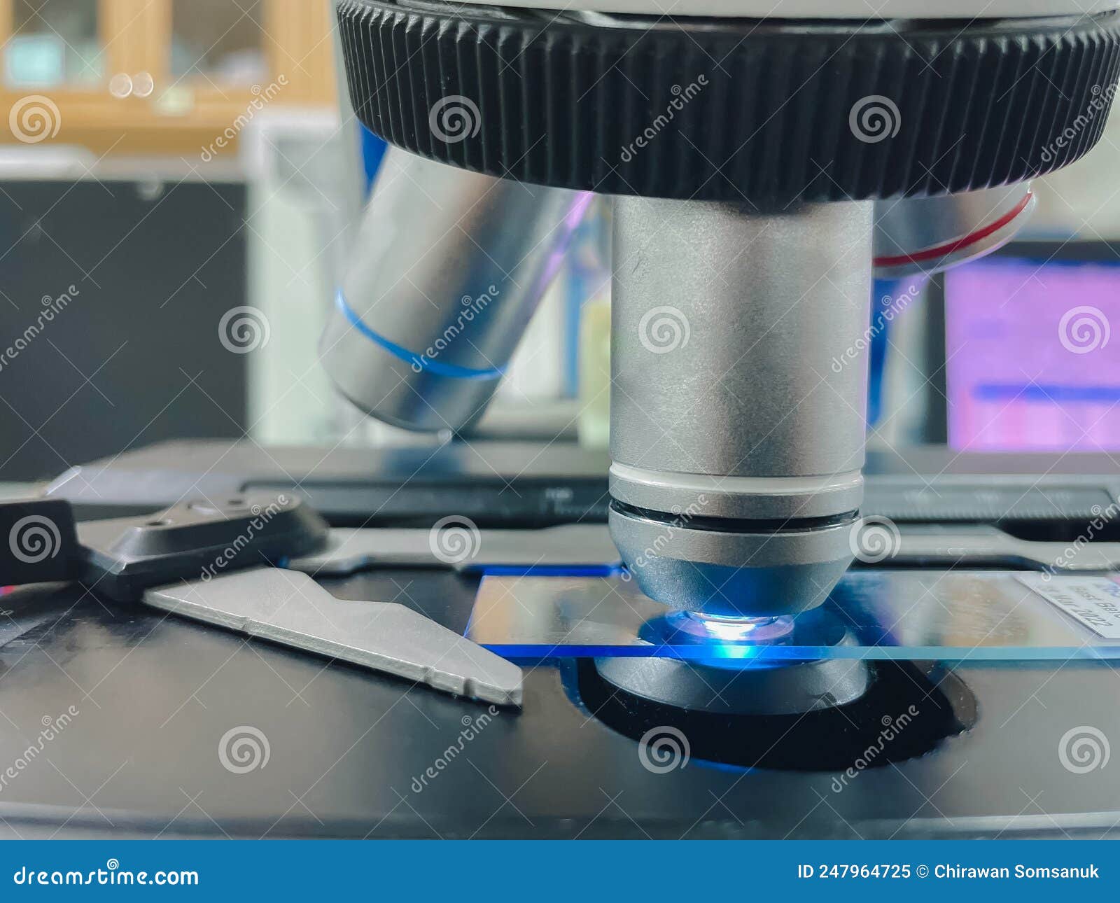 Close Up Objective Lens of Microscope Stock Image - Image of female ...