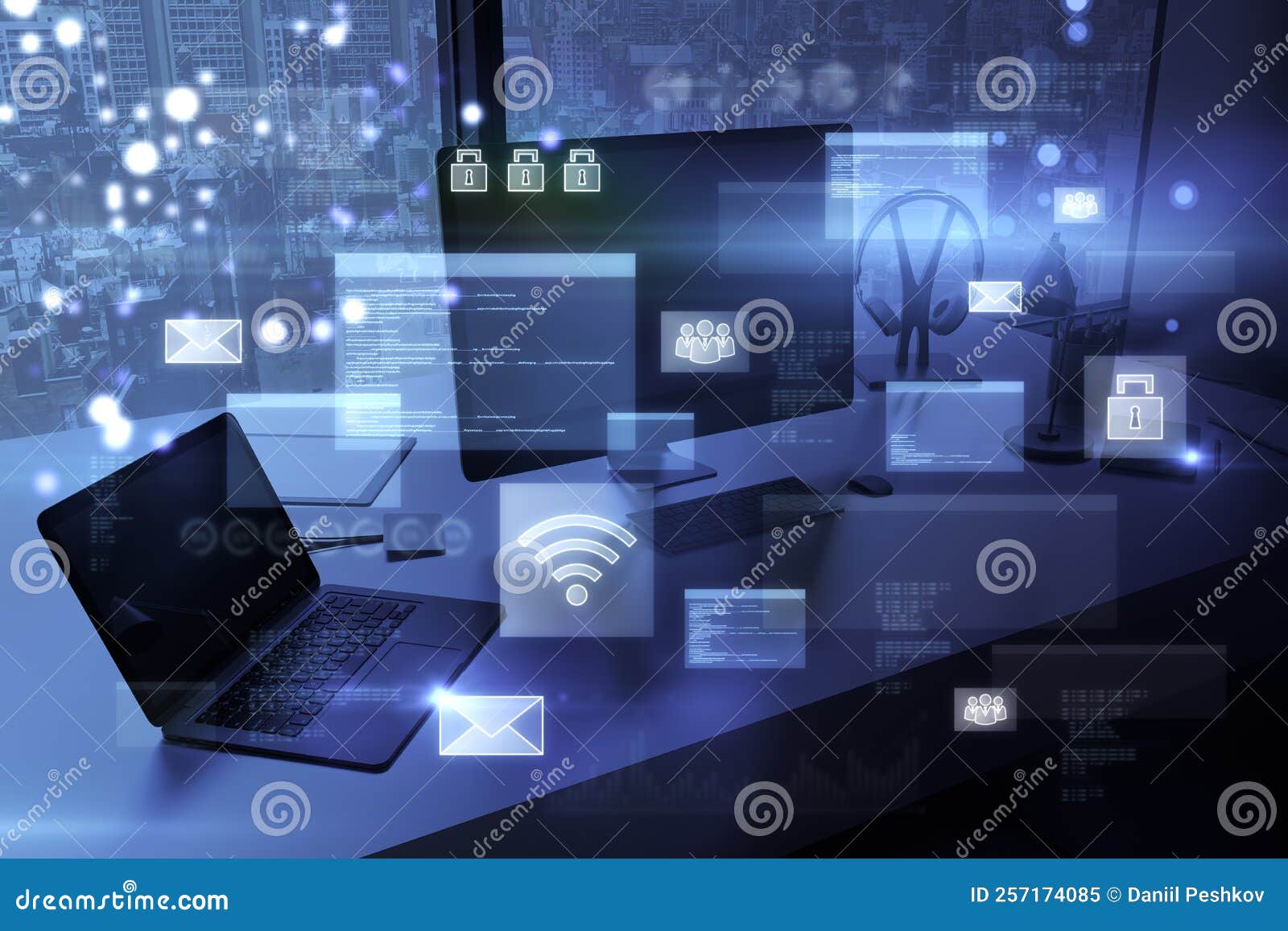 Close Up of Office Workplace with Computer Monitors and Abstract ...