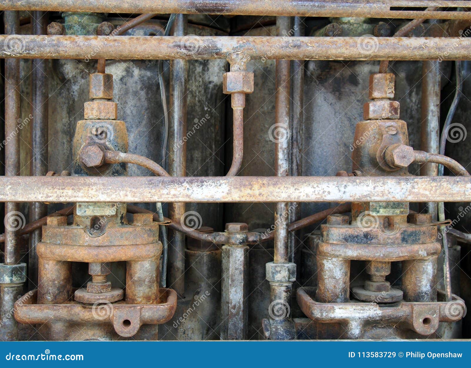 Close Up of an Old Big Rusting Diesel Engine with Cylinders and Pipes ...