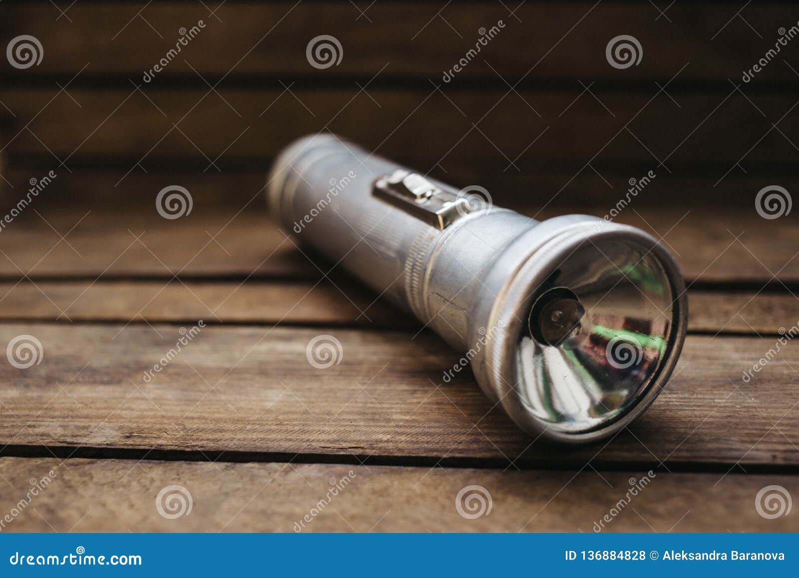 Close Up Old Metal Flashlight on Wooden Background Stock Photo - Image ...