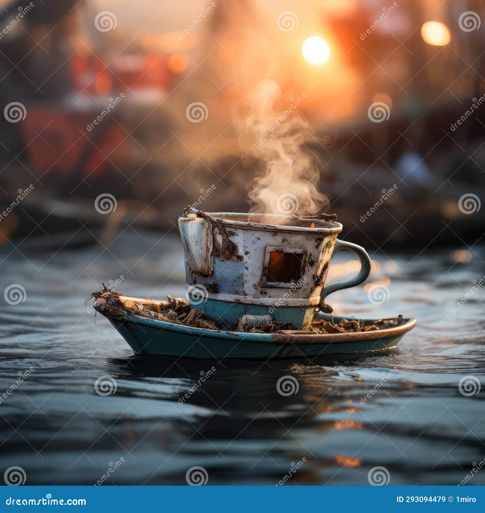 Close Up from Old Rustic Cup with Coffee or Tea Floating on Water Stock ...