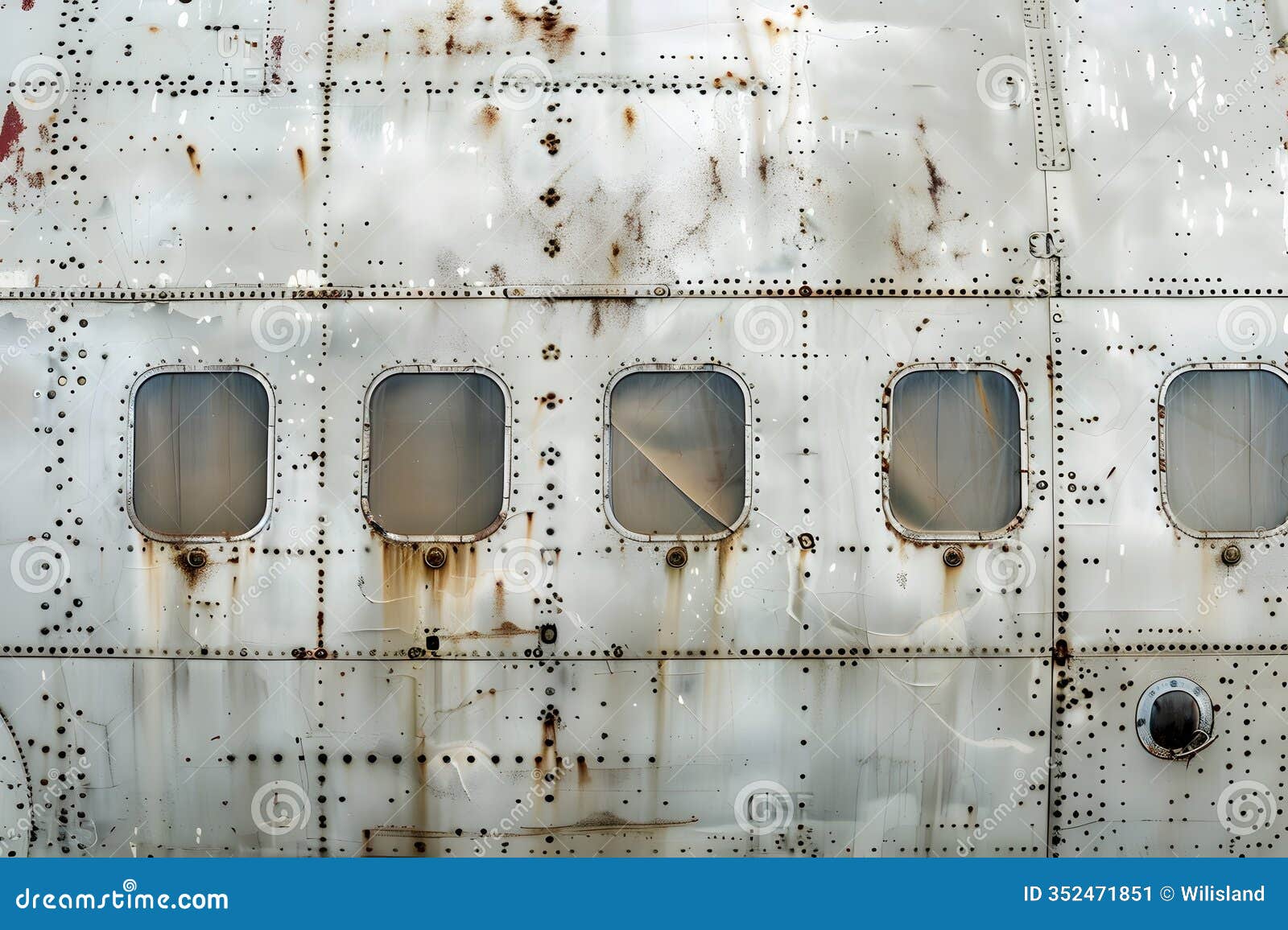 Close-up of an Old, Weathered Airplane Fuselage with Rusty Details and ...