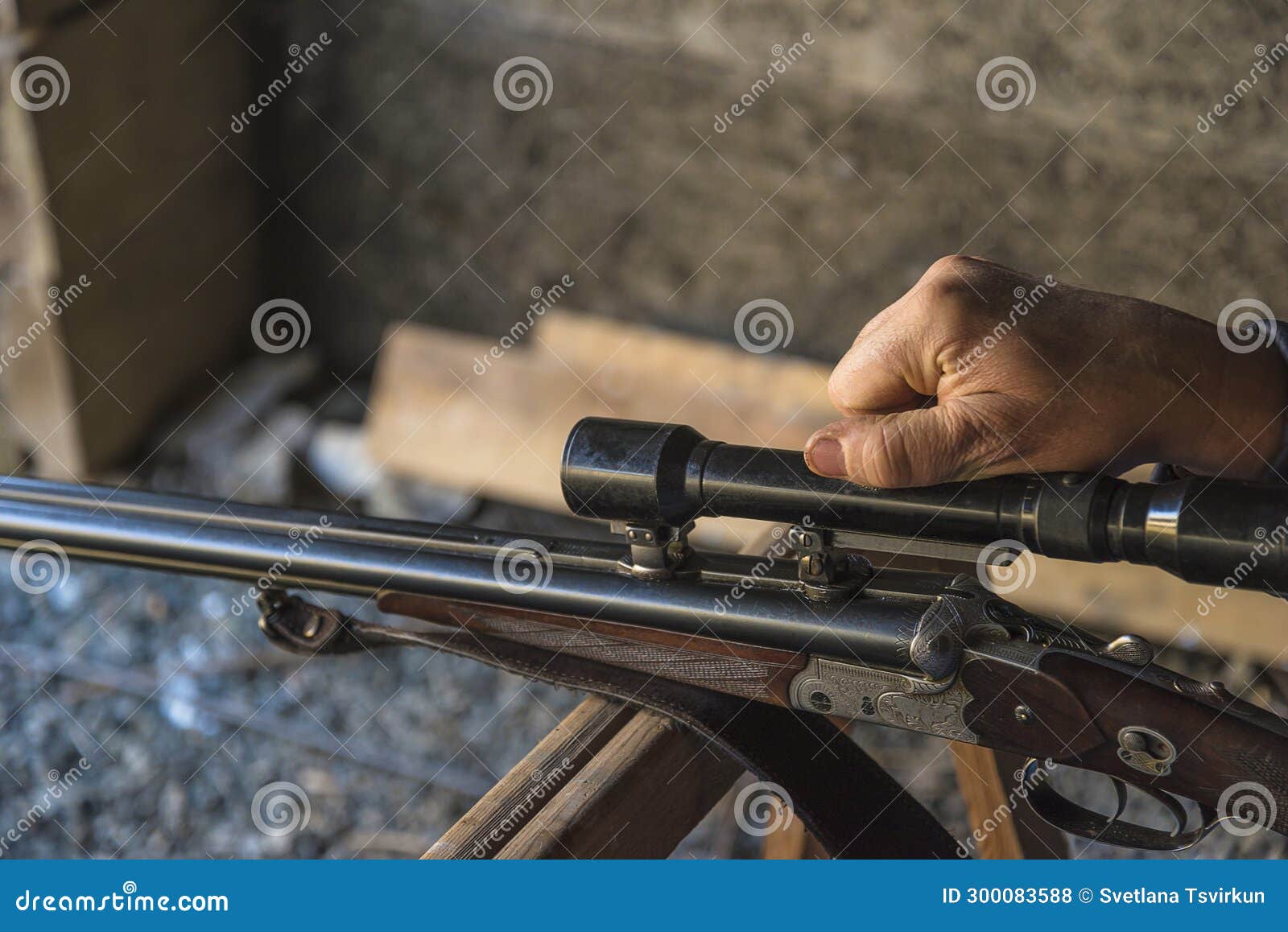 One Rifle and Hand on the Optical Sight Stock Photo - Image of armory ...