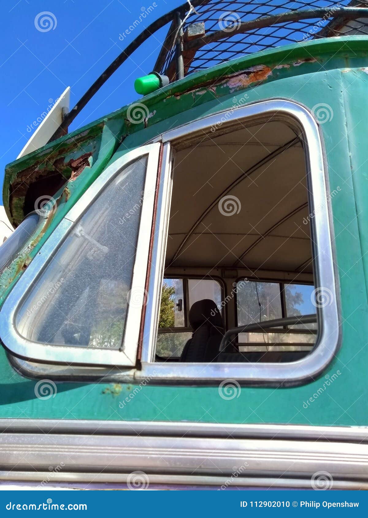 Close Up of the Open Side Window of an Old Green Rusty Vintage Bus ...