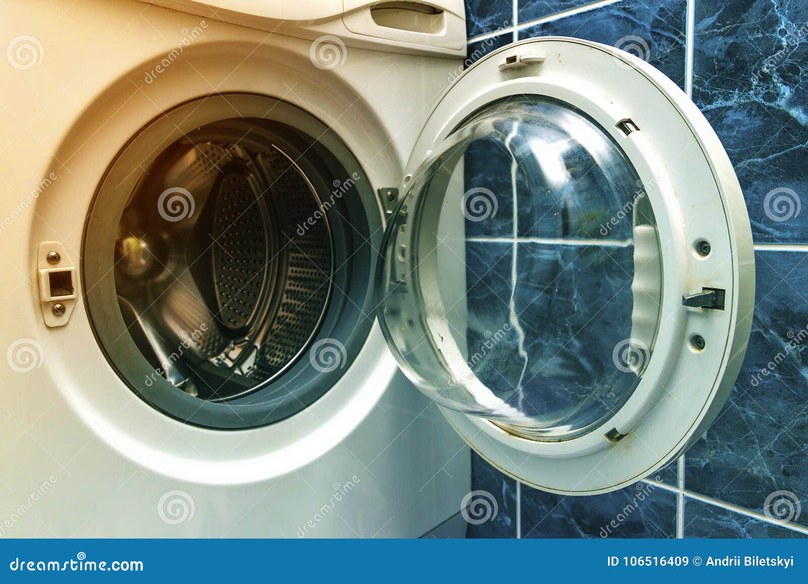 A Close Up of Open Washing Machine in Bathroom Stock Image - Image of ...