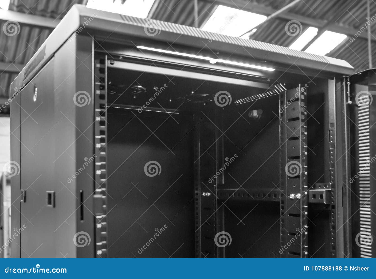 Close-up of an Opened Computer Server Cabinet Seen within an Industrial ...