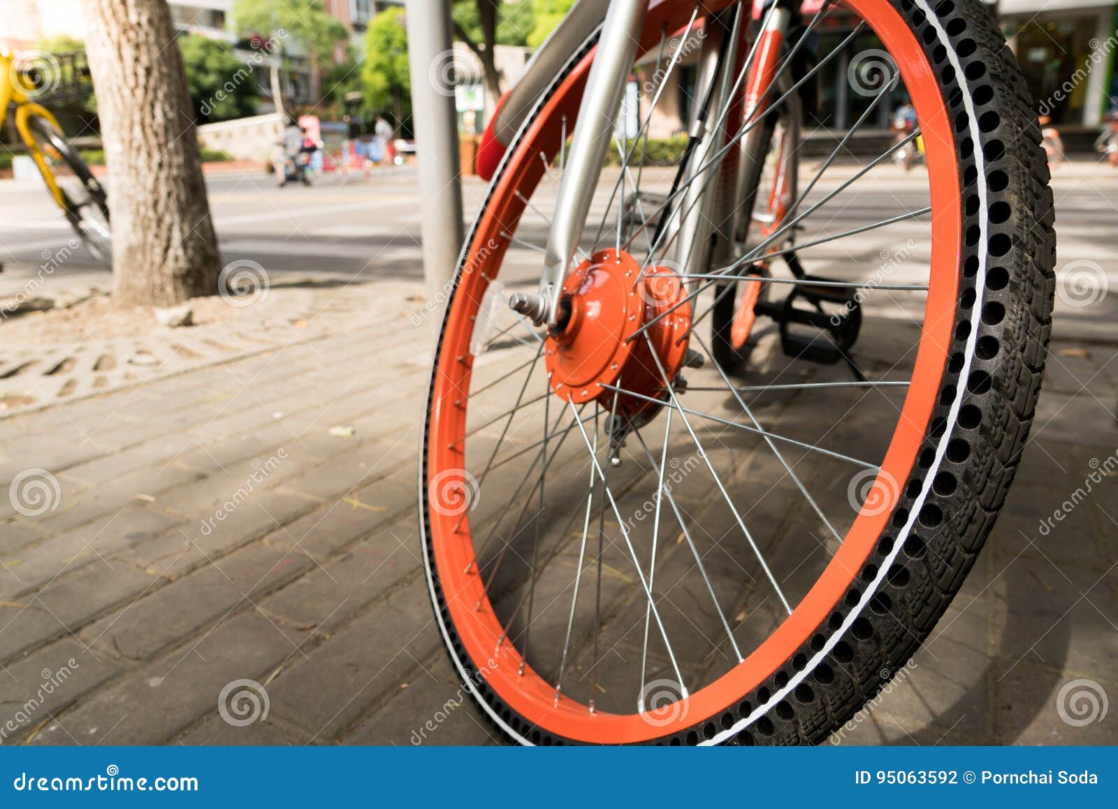 Close Up the Orange Bicycle Wheel and Tire Stock Photo - Image of ...