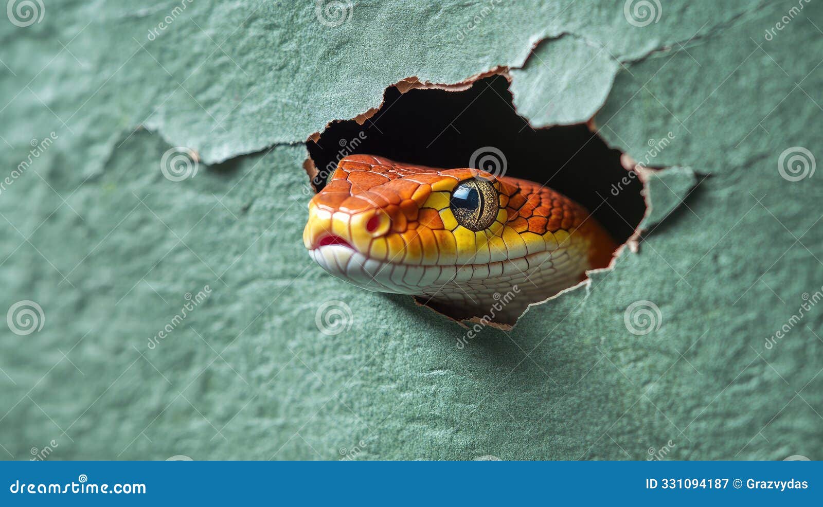 Close-up of an Orange Snake Head Peeking through a Torn Hole of Blue ...