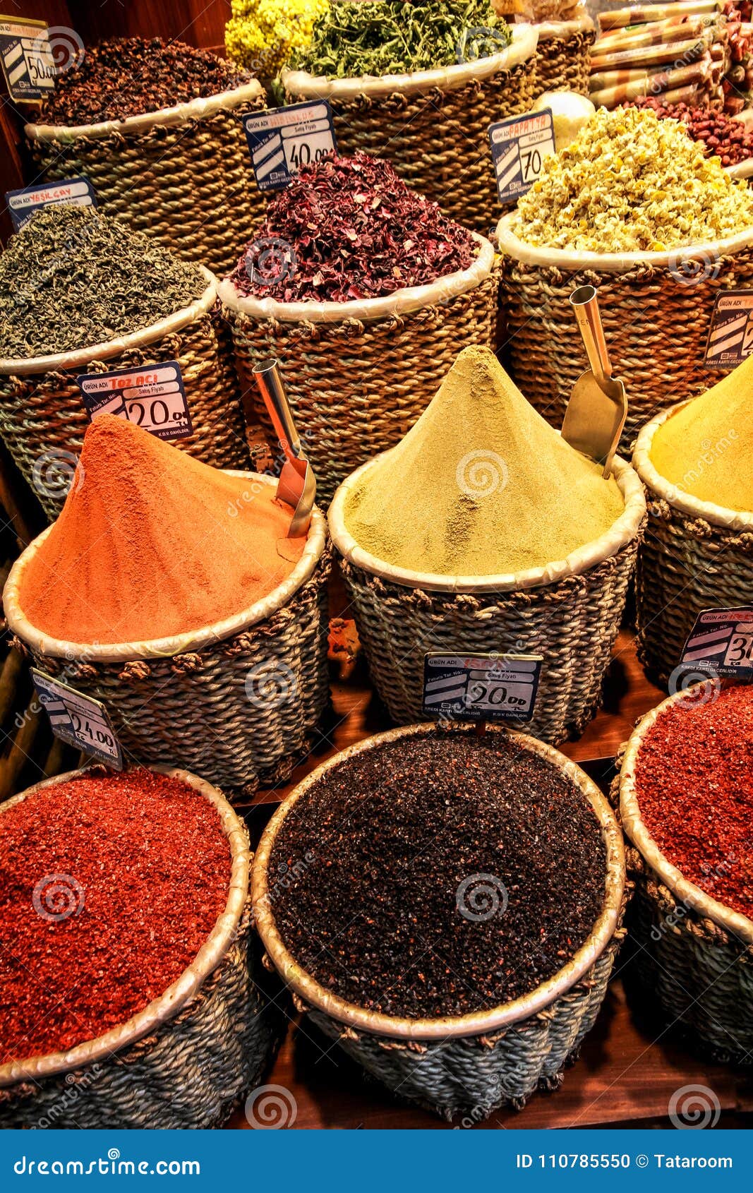 A Close-up of Oriental Spices Poured into Wicker Baskets Stock Photo ...