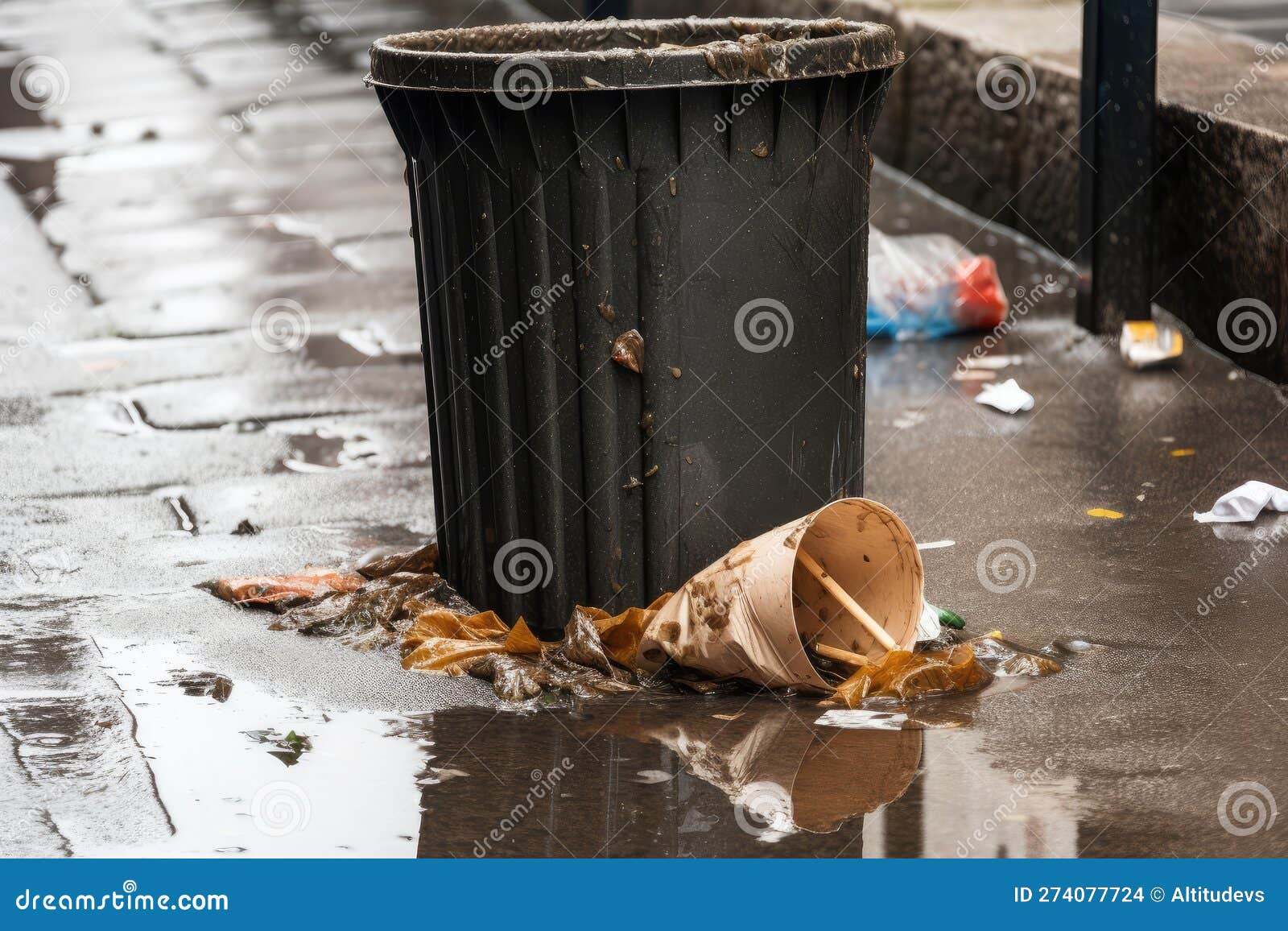 Close Up Of Overflowing Trash Bin With Garbage Spilling Out Onto The Ground Stock Illustration