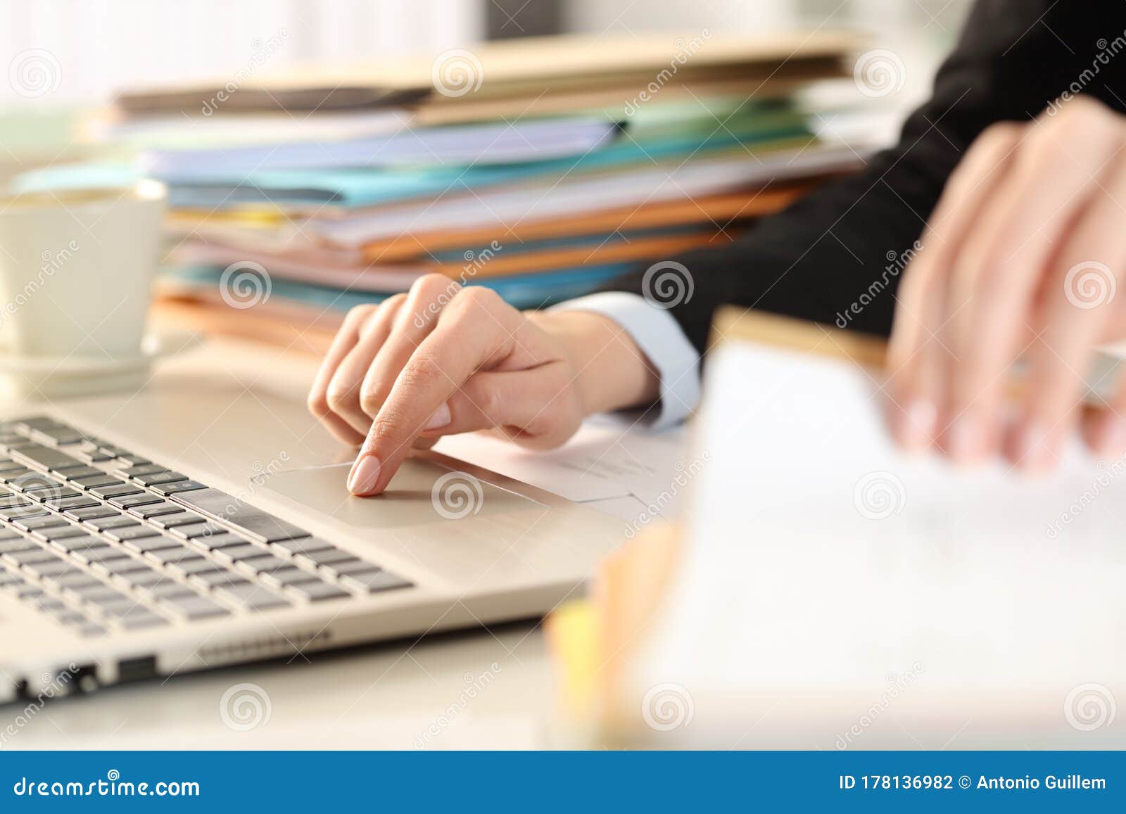 Overworked Executive Hands Checking Documents Using Laptop Stock Photo ...