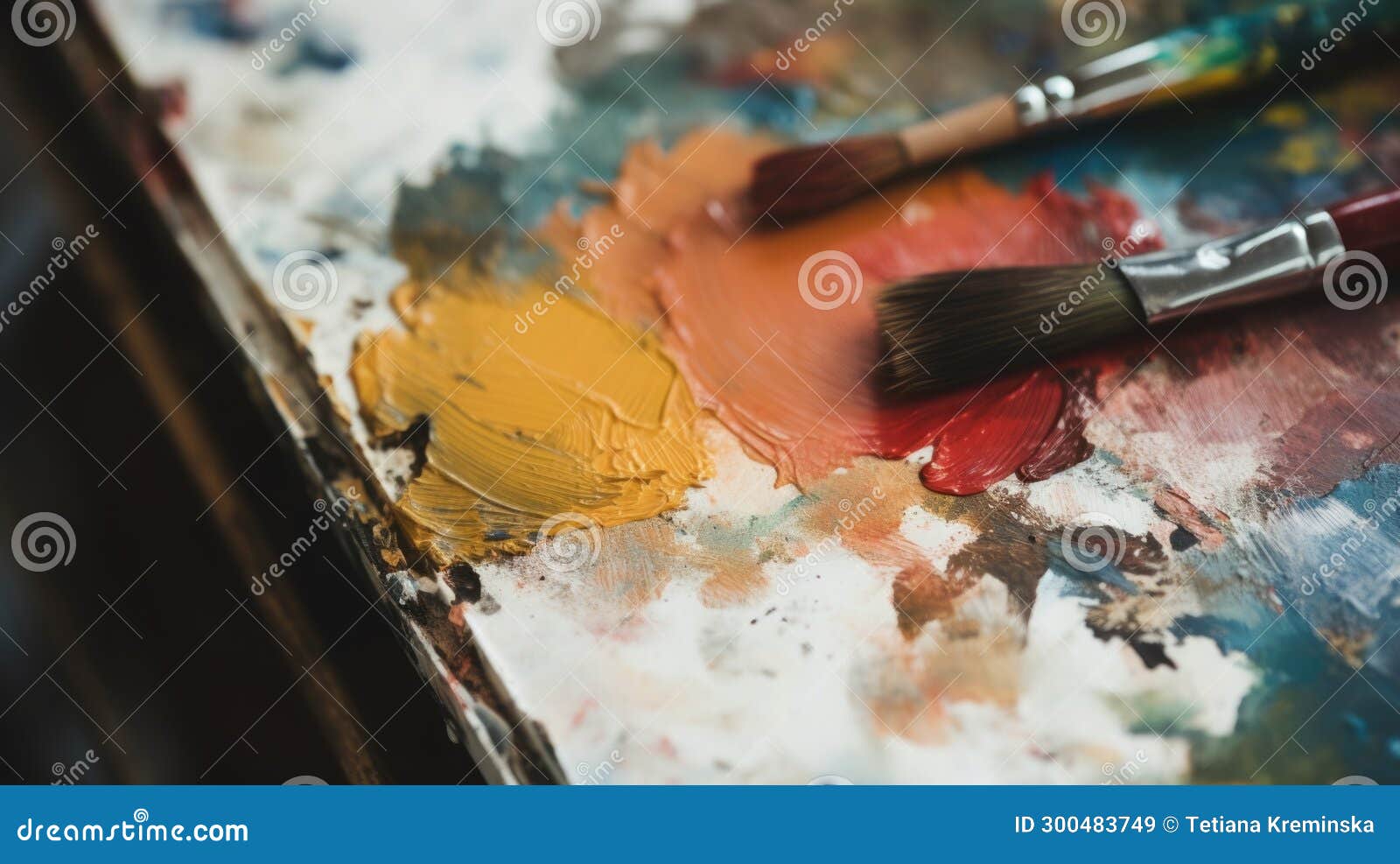 Close-up of a Painter S Palette and Brush, Blurred Background of an in-progress Painting Stock ...
