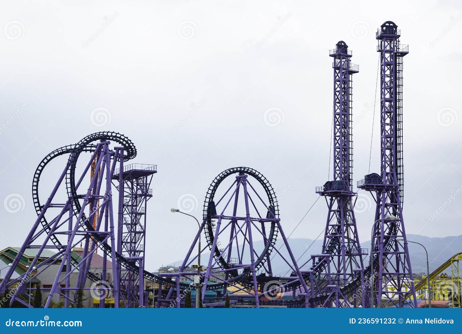 Panoramic View of an Empty Rollercoaster Ride with Sharp Turns and ...