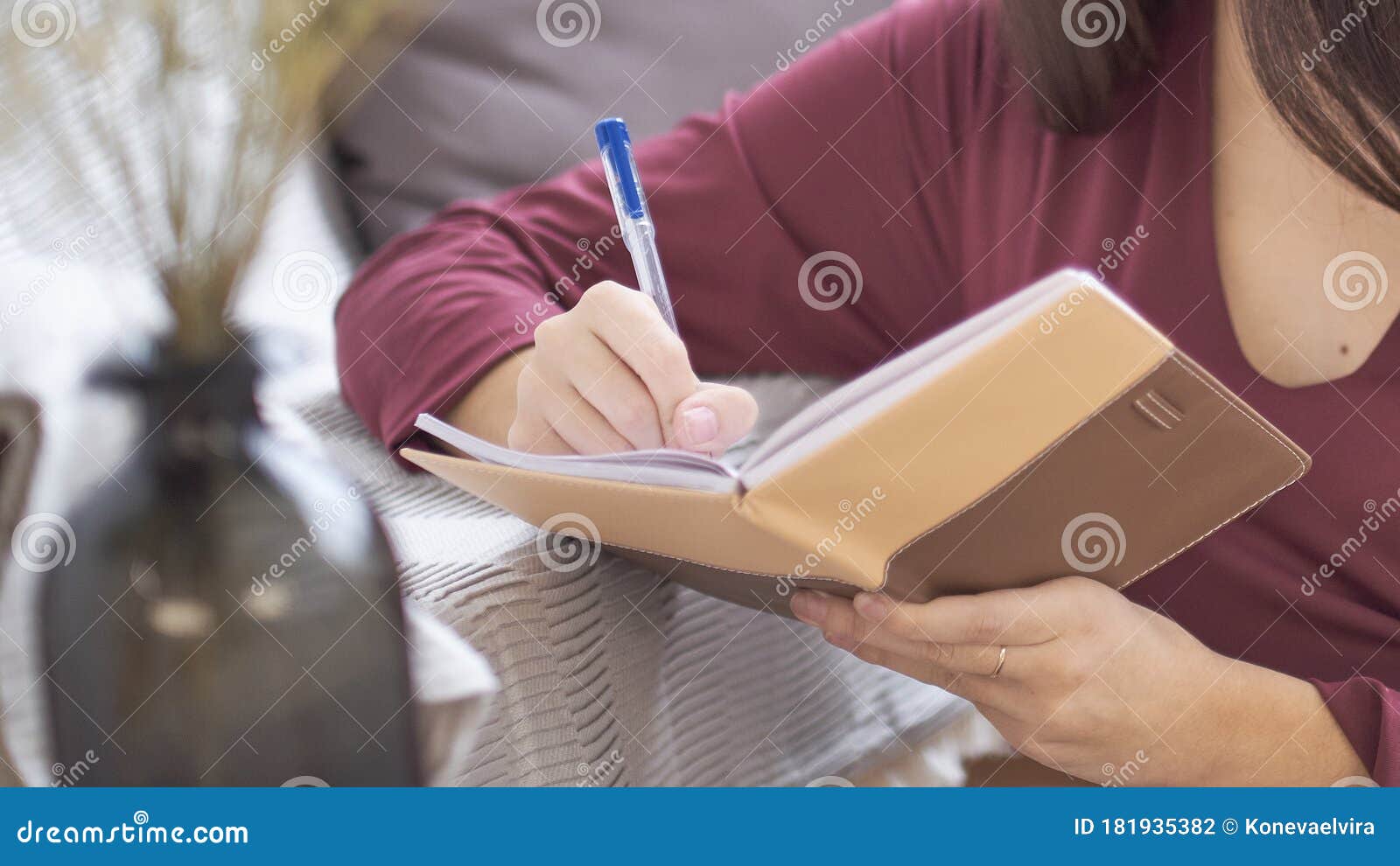 Close Up Partial Portrait Female Author at Home Writing in Journal ...