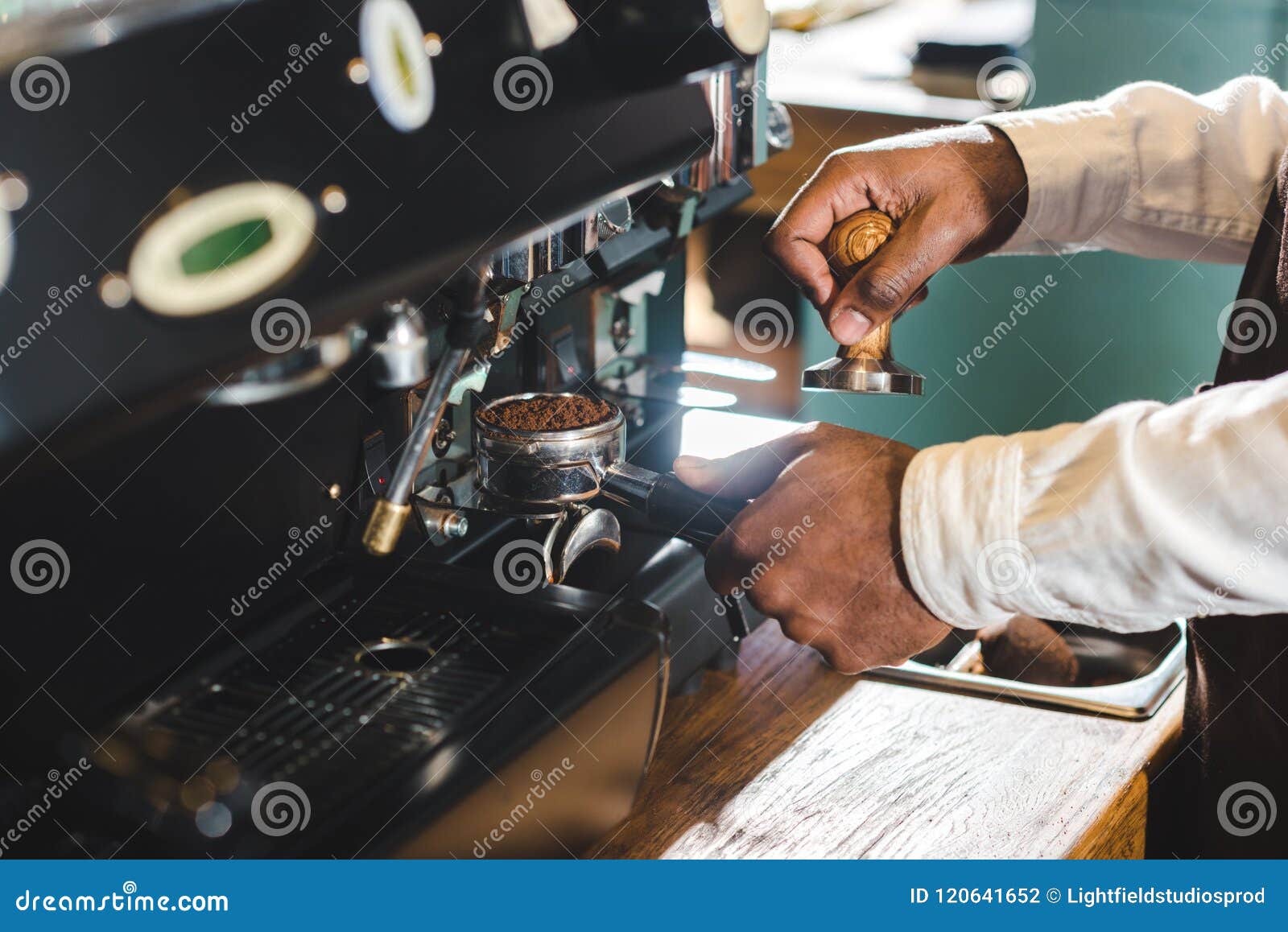 Close-up Partial View of African American Barista in Apron Making ... Close-up Partial View of African American Barista in Apron Making ...