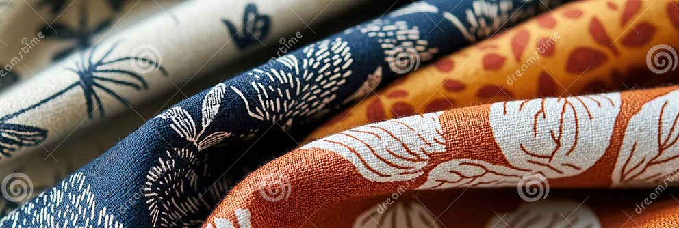 Close Up of Patterned Fabrics Featuring Floral and Geometric Designs ...