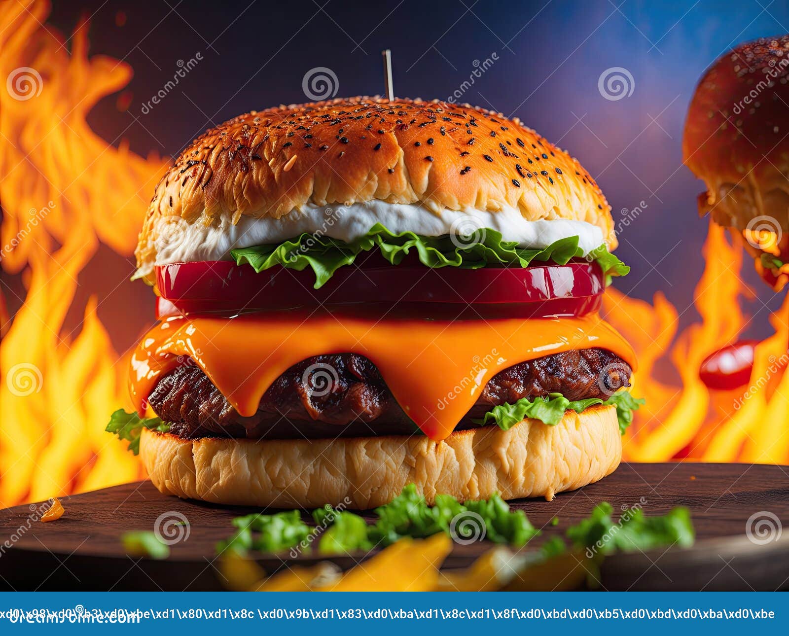 Close Up Perfectly Grilled Cheeseburger with Fire. Ai Generative Stock ...