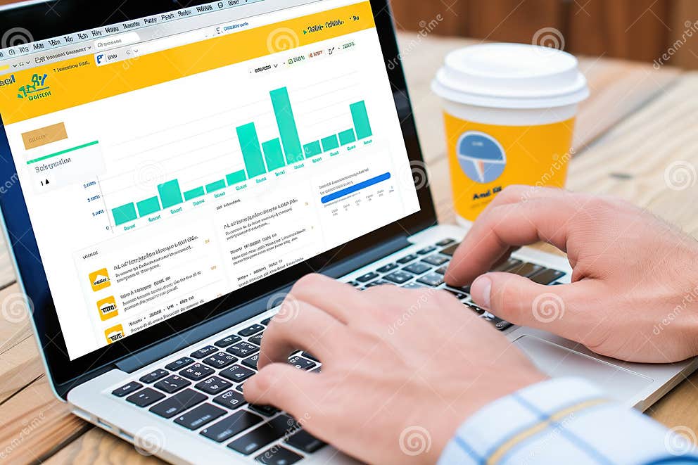 Close Up of Person Hands Working on Laptop Analyzing Graphs and Data on ...