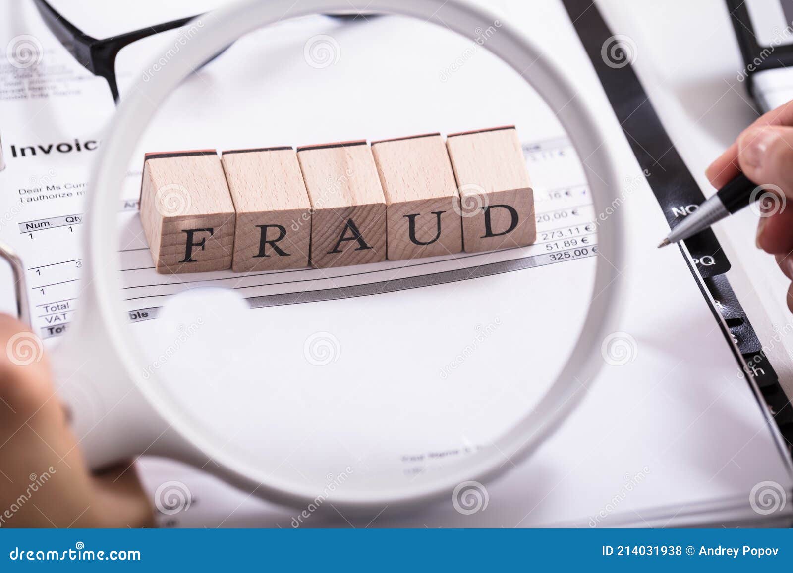 Person Holding Magnifying Glass and Examining Fraud Blocks Stock Photo ... Person Holding Magnifying Glass and Examining Fraud Blocks Stock Photo ...