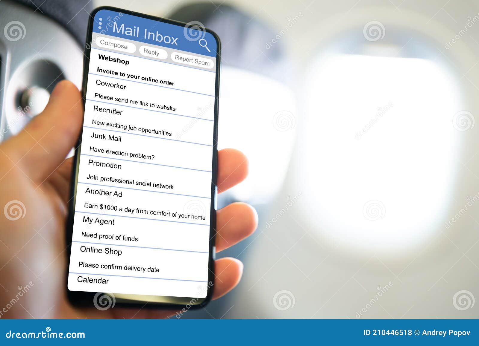 Man Using Email on a Plane stock photo. Image of body - 210446518