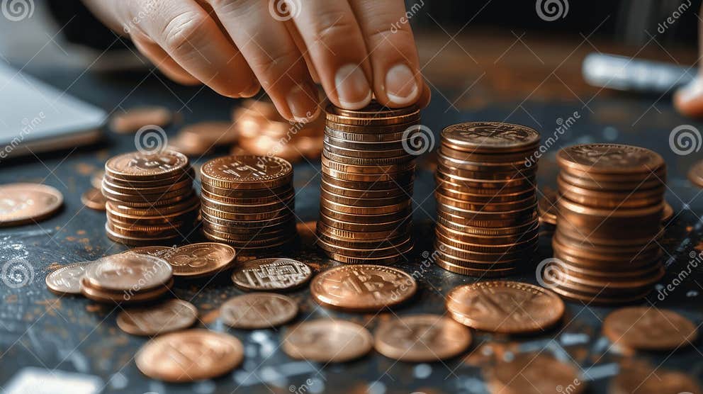 Close Up of Persons Hand Stacking Coins on a Table Stock Photo - Image ...