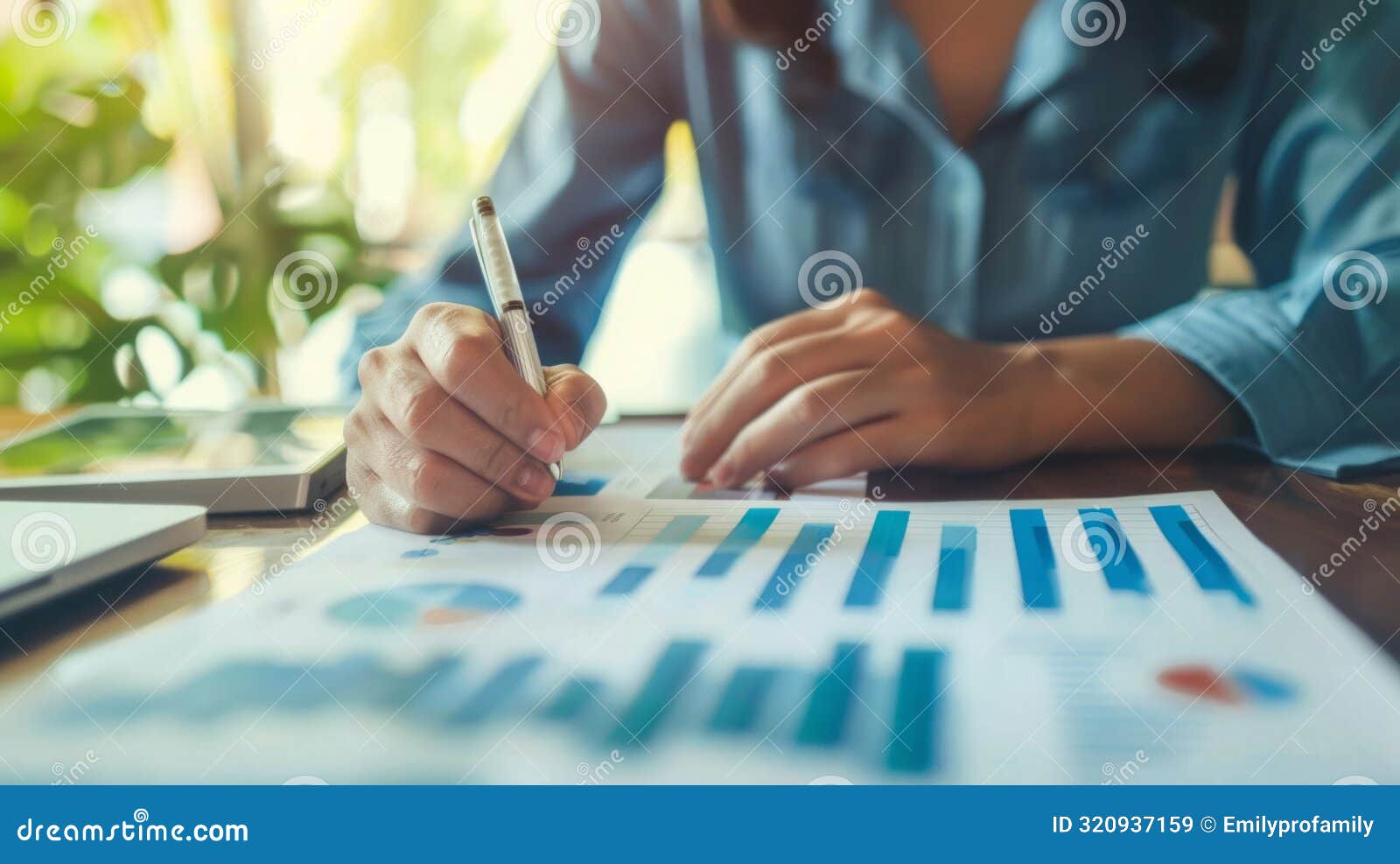 Close Up of a Persons Hand Writing on a Data Chart in a Modern Office ...