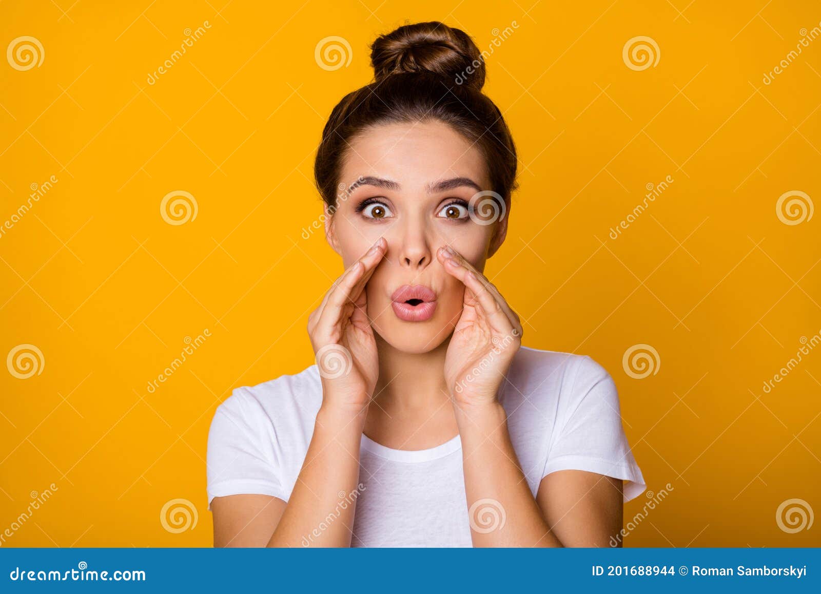Close Up Photo Of Astonished Funky Girl Impressed Private Advert Hold